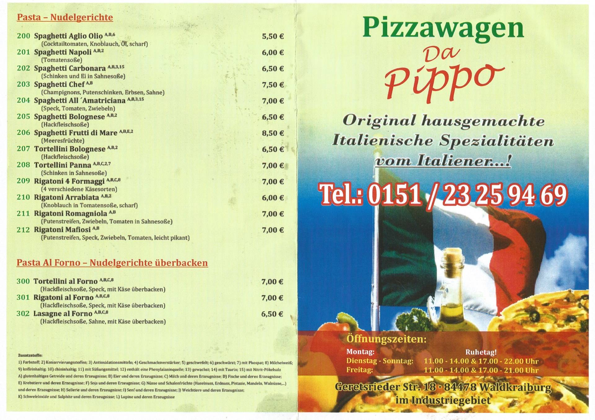 Speisekarte von Pizzawagen Da Pippo, Waldkraiburg