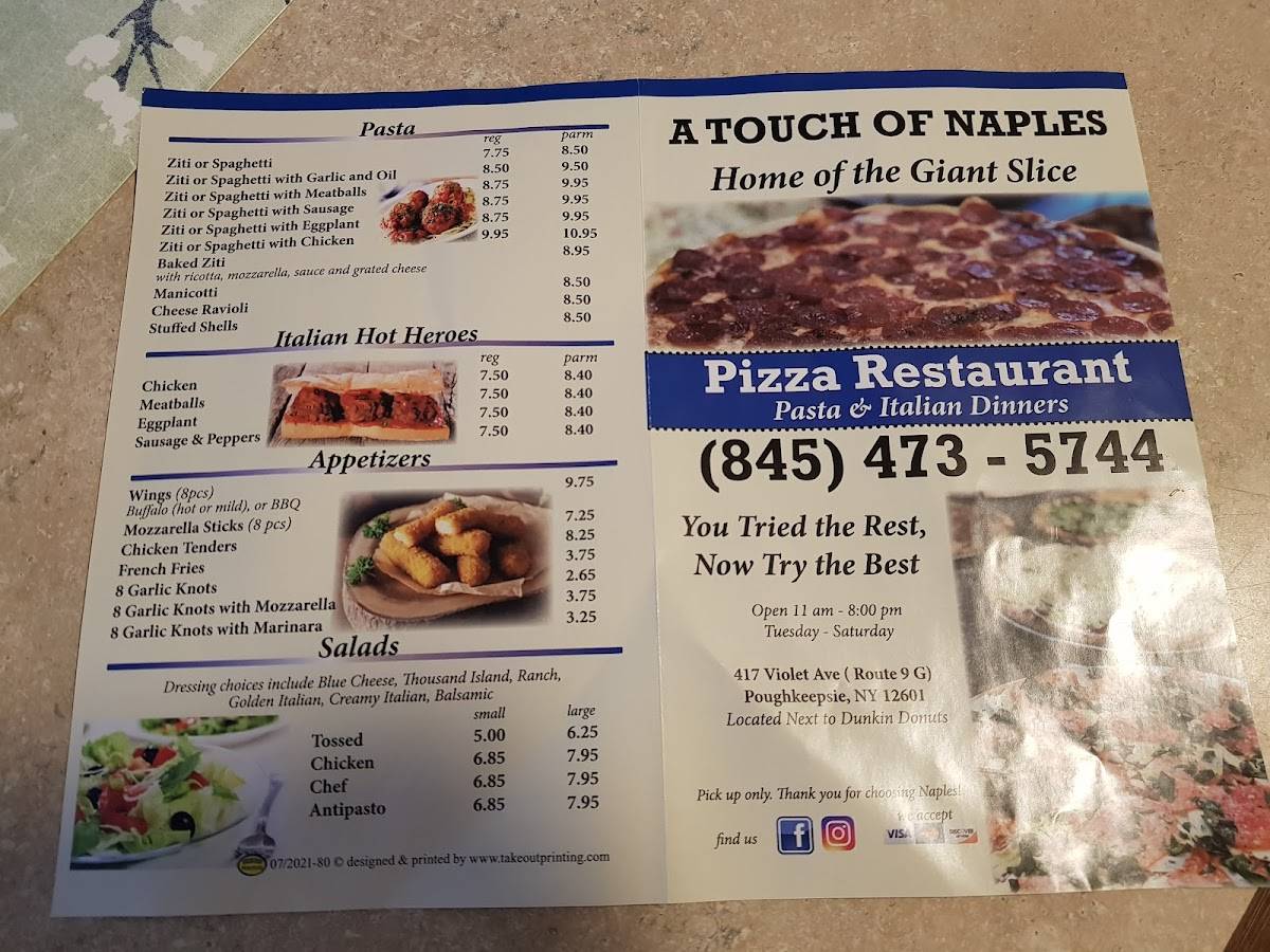 Menu at A Touch of Naples pizzeria, Poughkeepsie