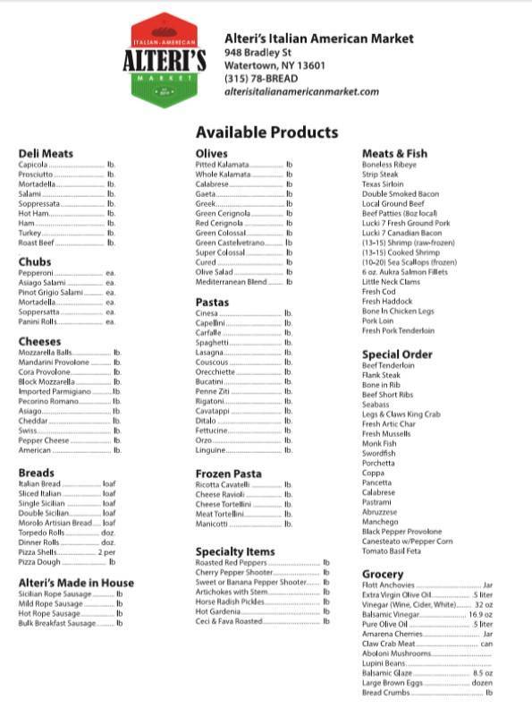 Menu at Alteri Italian American Market pizzeria, Watertown