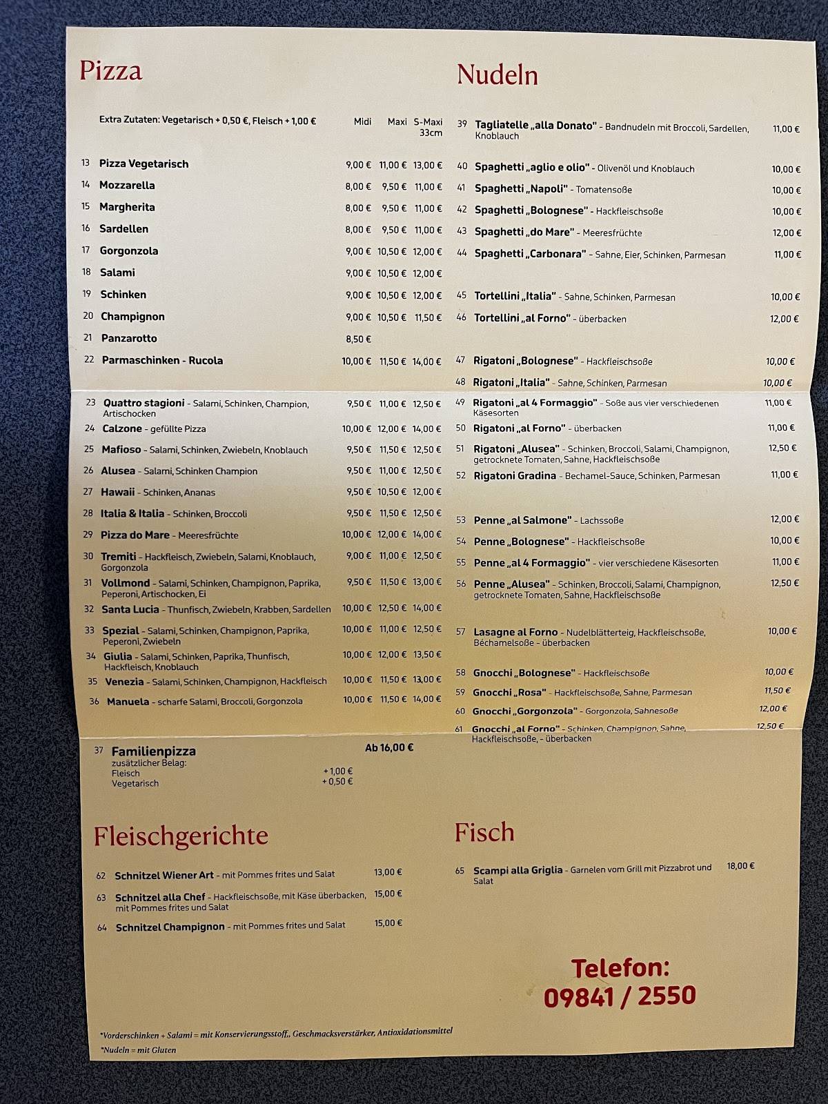 Speisekarte von Pizzeria Alusea, Bad Windsheim