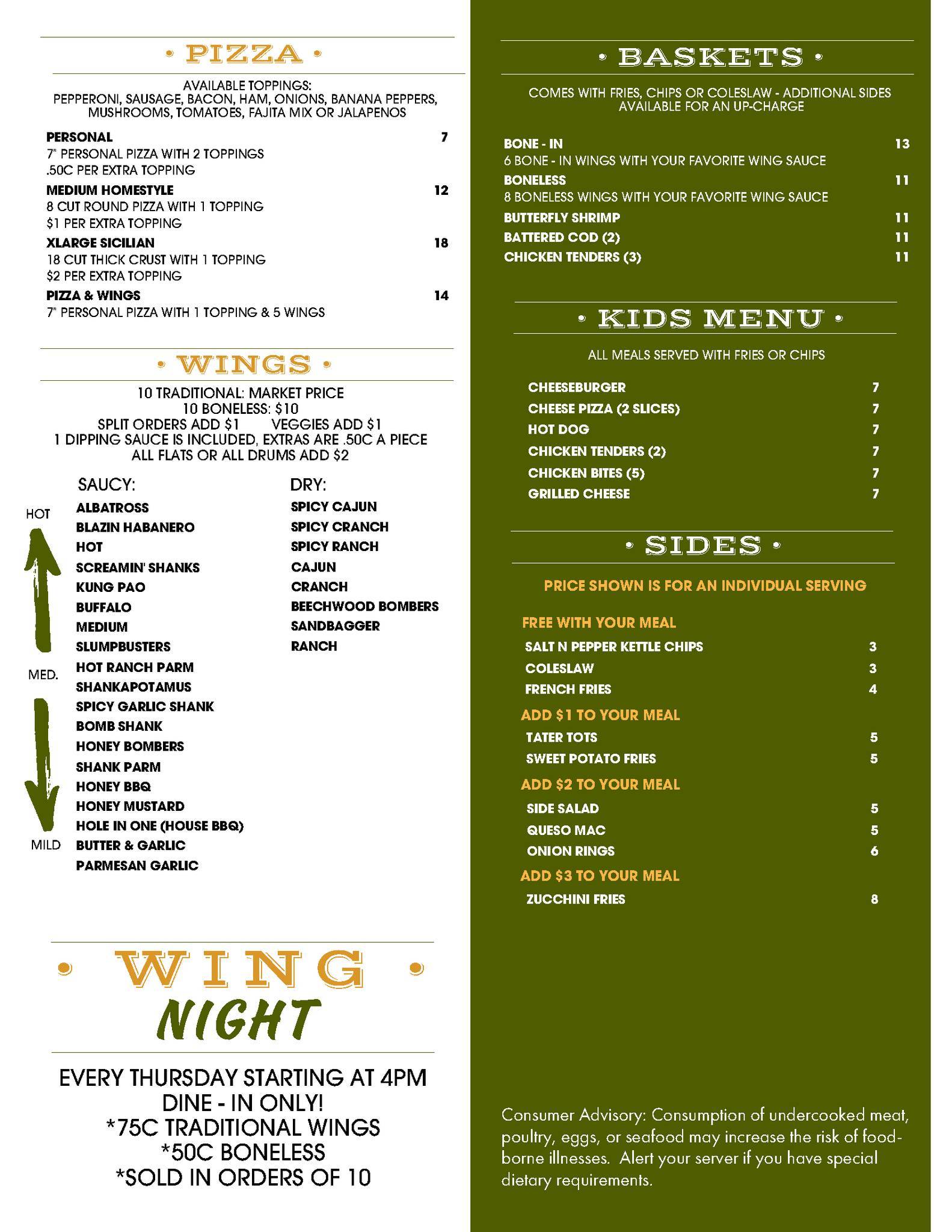 Menu at Beechwood Golf Club, USA