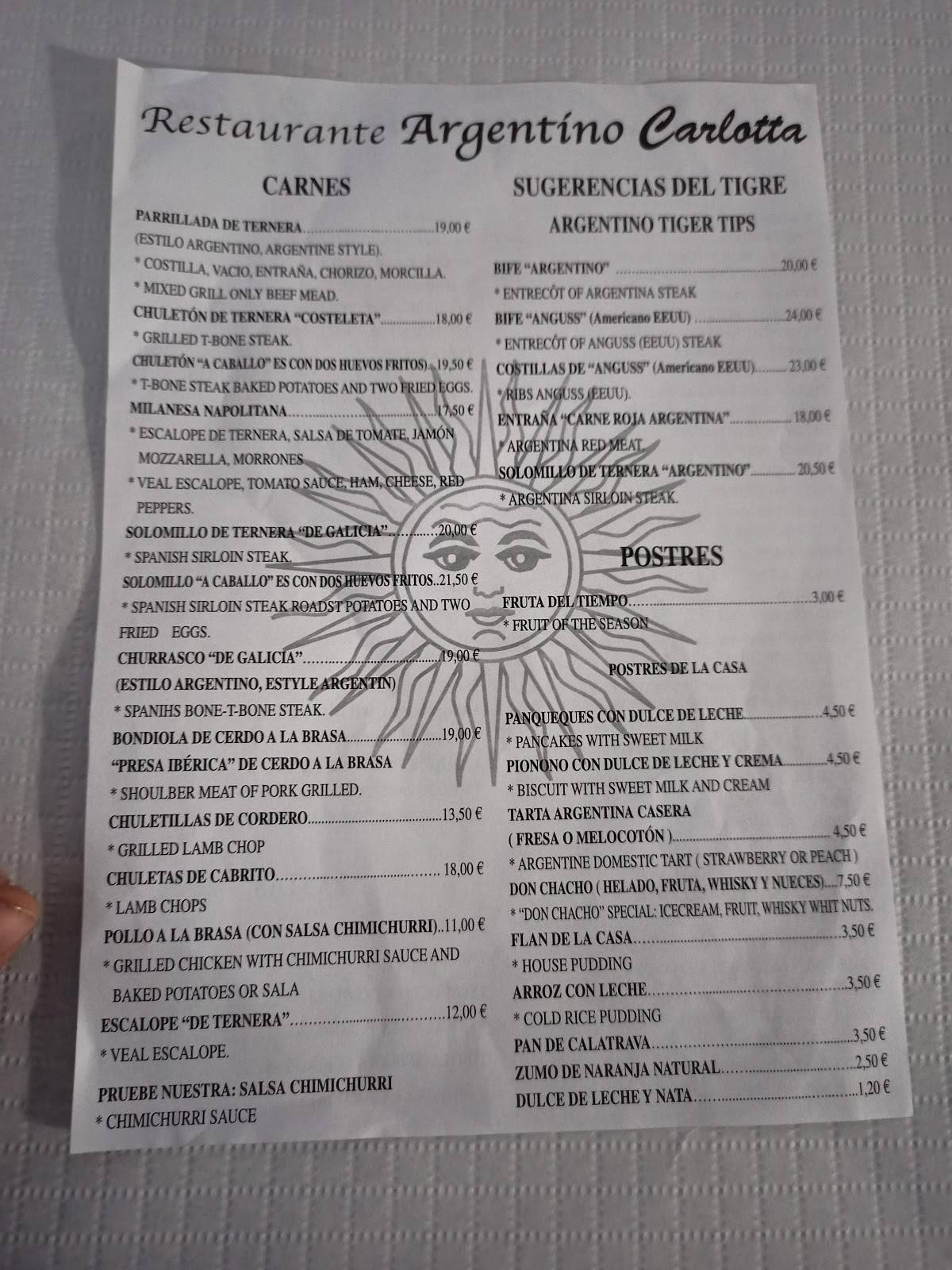 Carta de Pizzería Carlota, Águilas