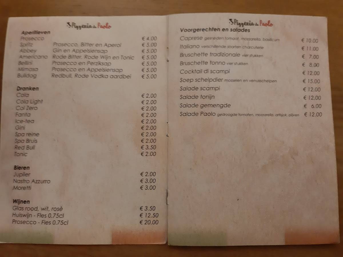 Menu at Pizzeria Da Paolo, Bilzen, Hasseltsepoort 12