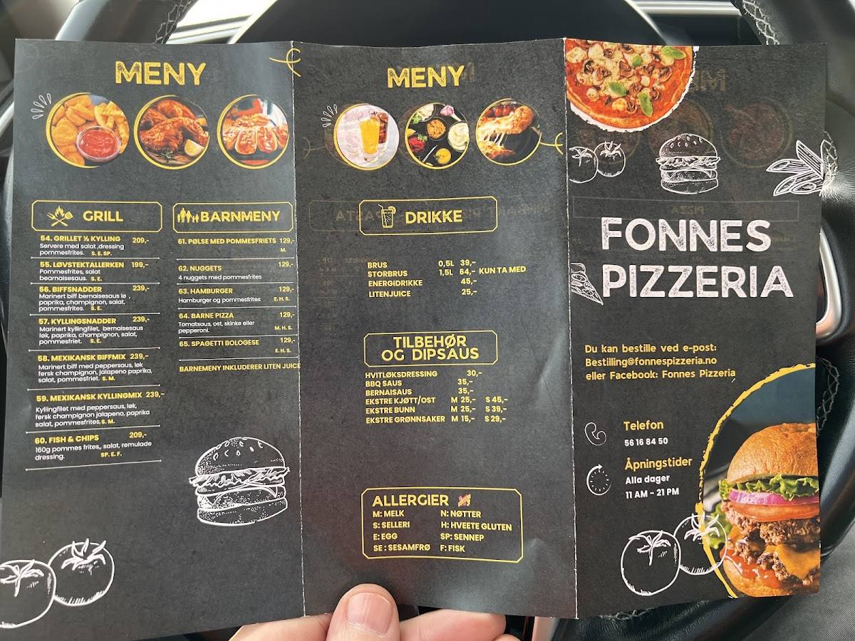 Menu at Pizzeria Fonnes, Norway