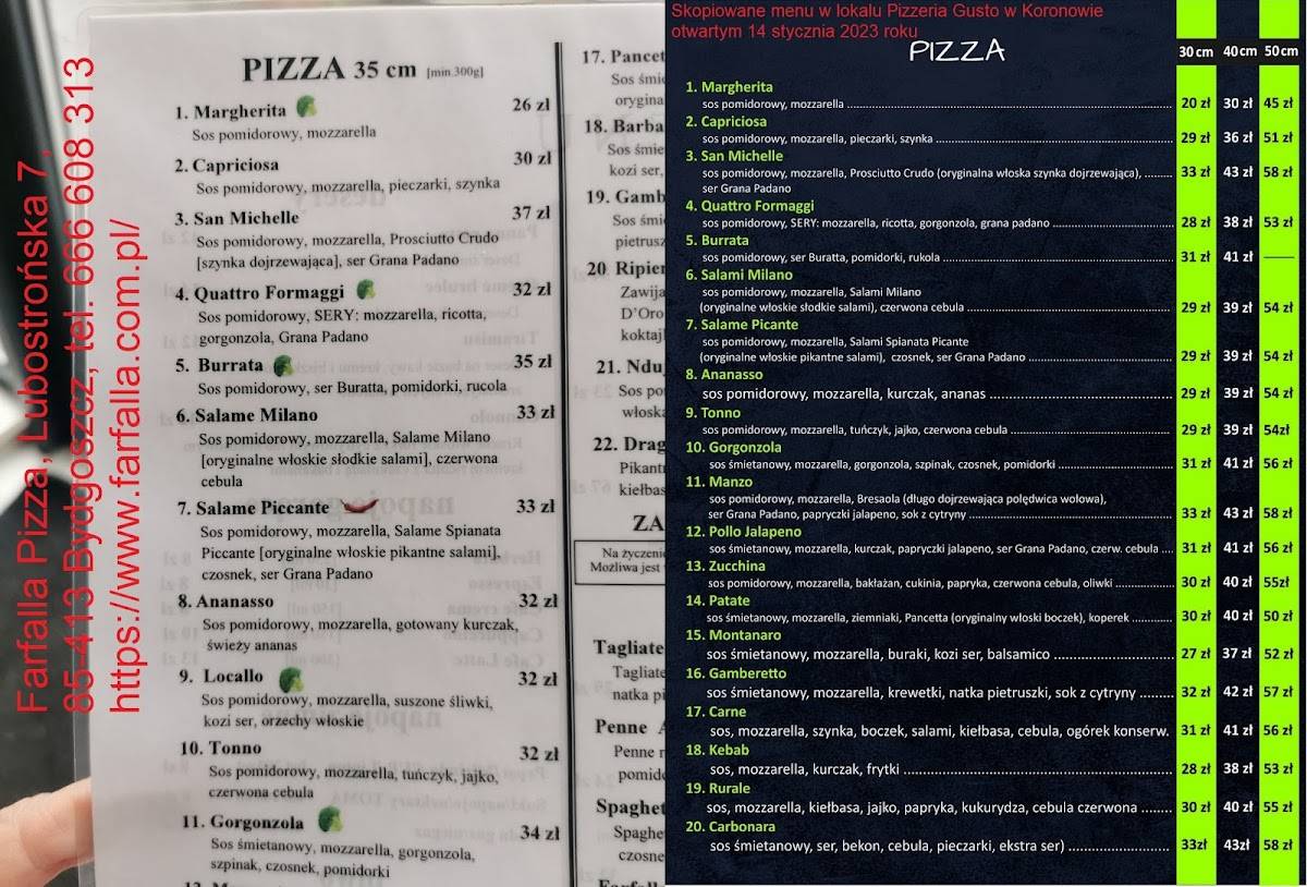 Menu at Pizzeria GUSTO, Koronowo
