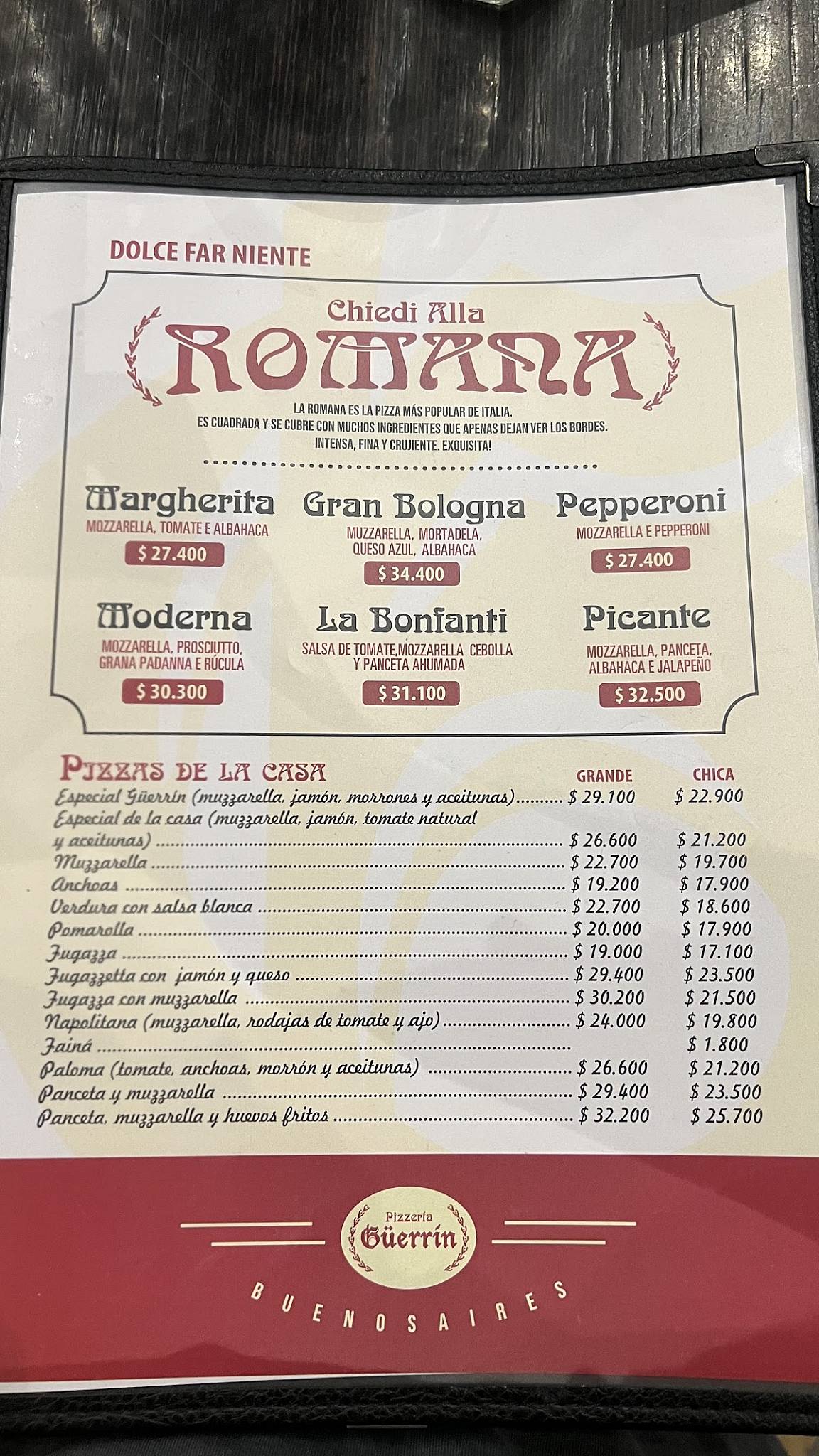 Menu at Pizzería Güerrín, Buenos Aires