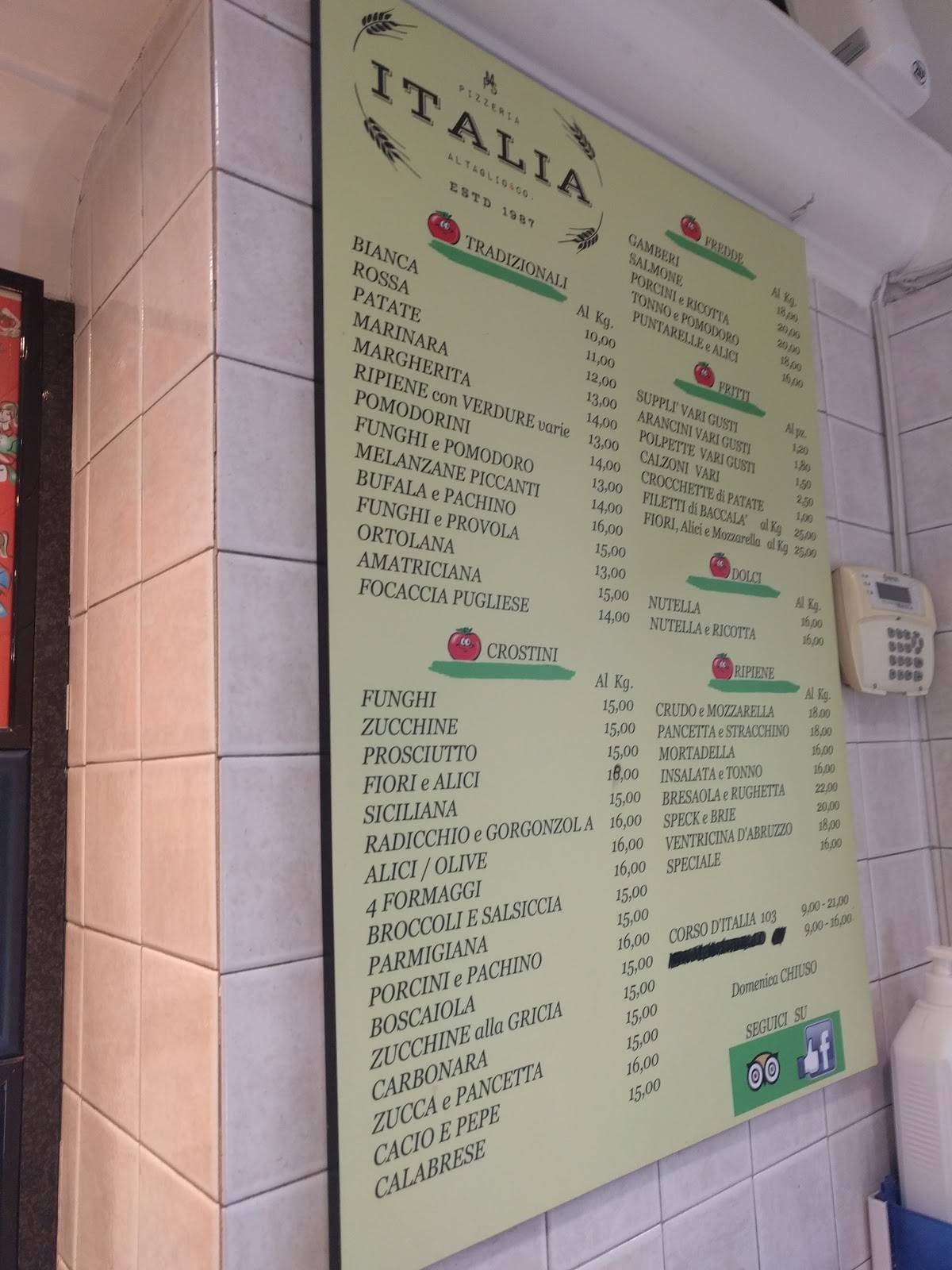 Menu at Pizzeria Italia dal 1987, Rome, Corso d'Italia