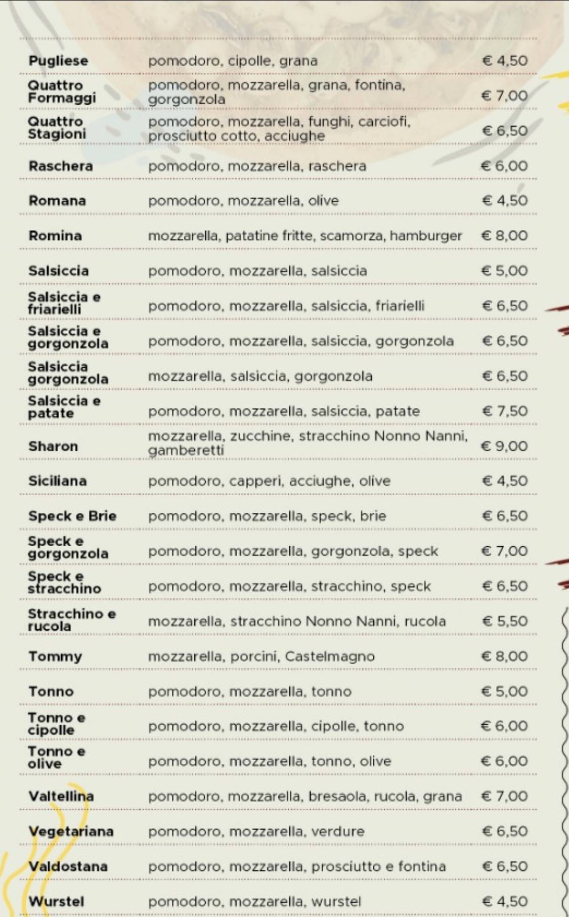 Menu da Pizzeria La Meja, Roata Rossi