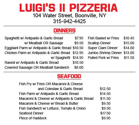 Menu at Luigi's Pizzeria, Boonville