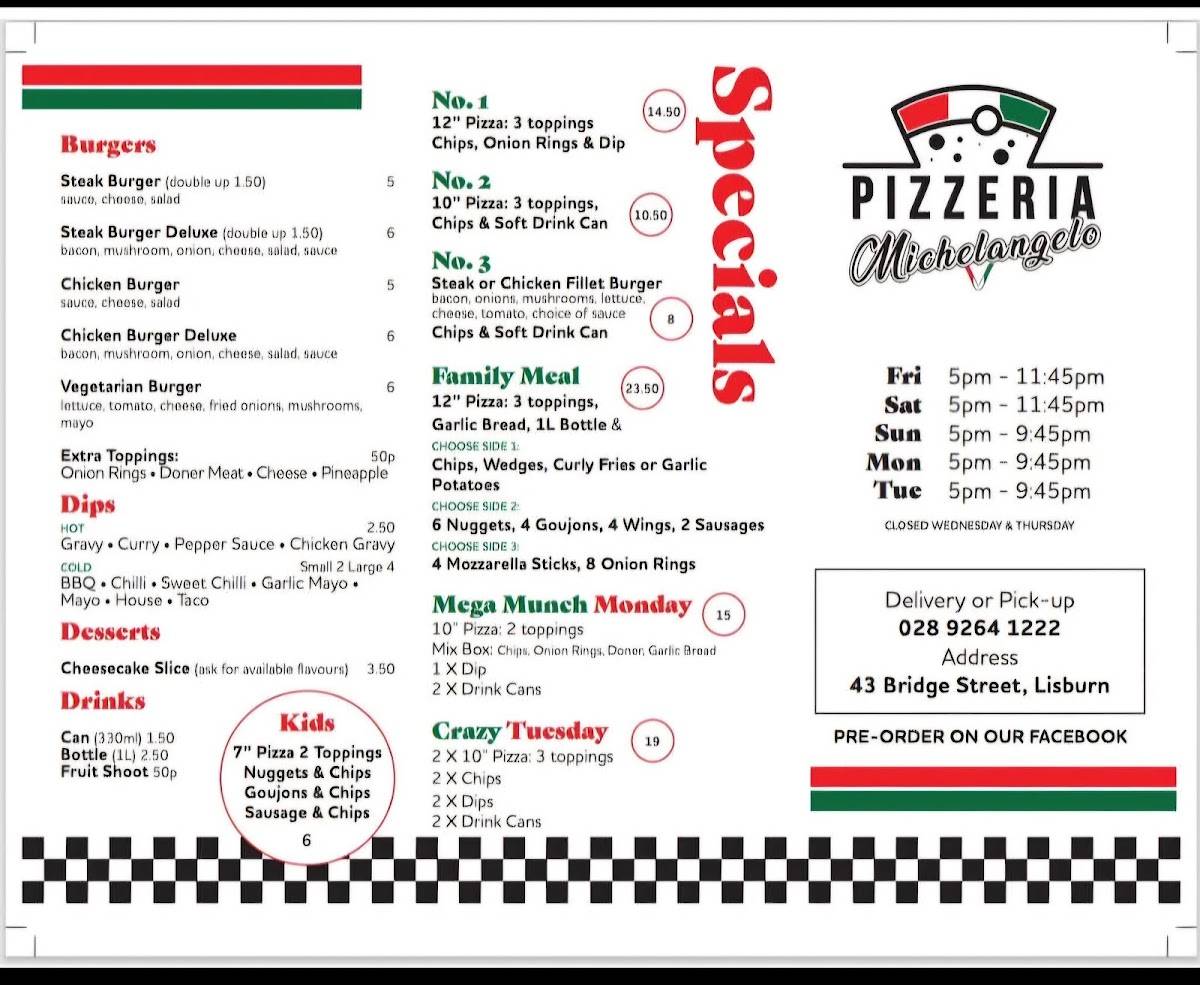 Menu at Michelangelo Pizzeria, Lisburn