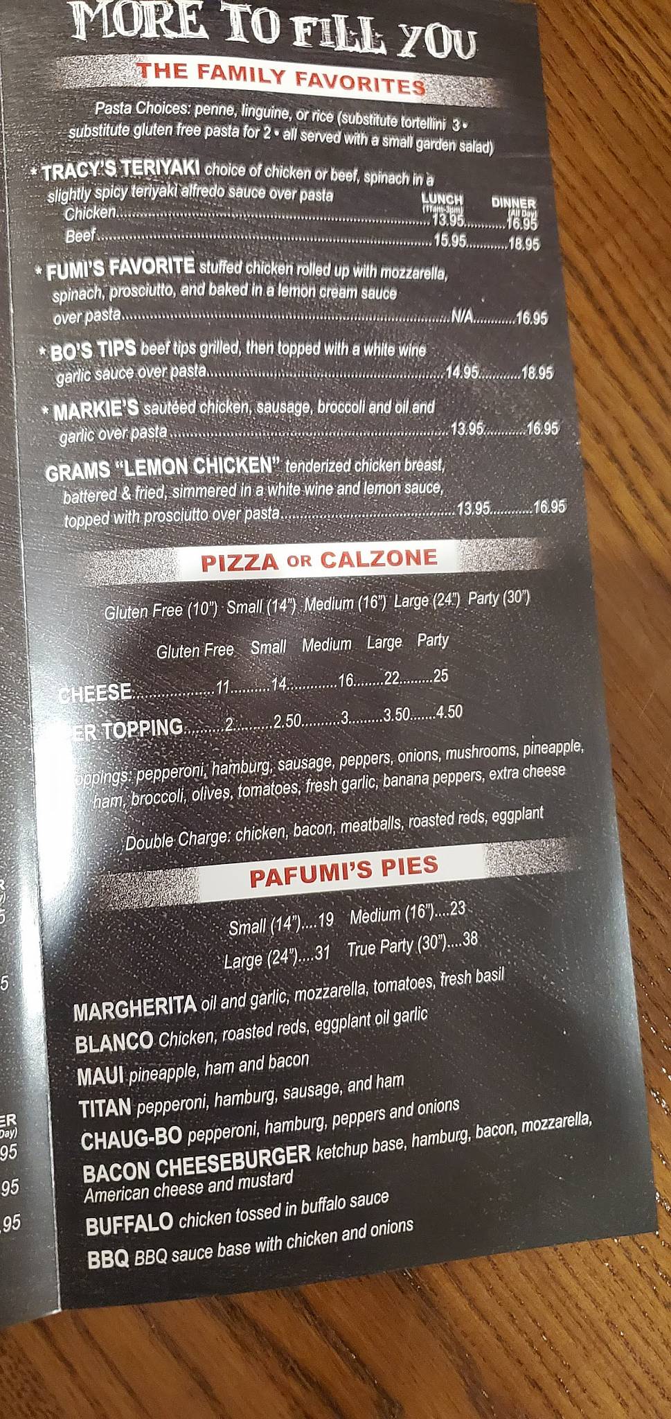 Menu at Pafumi's on main pizzeria, Wilbraham