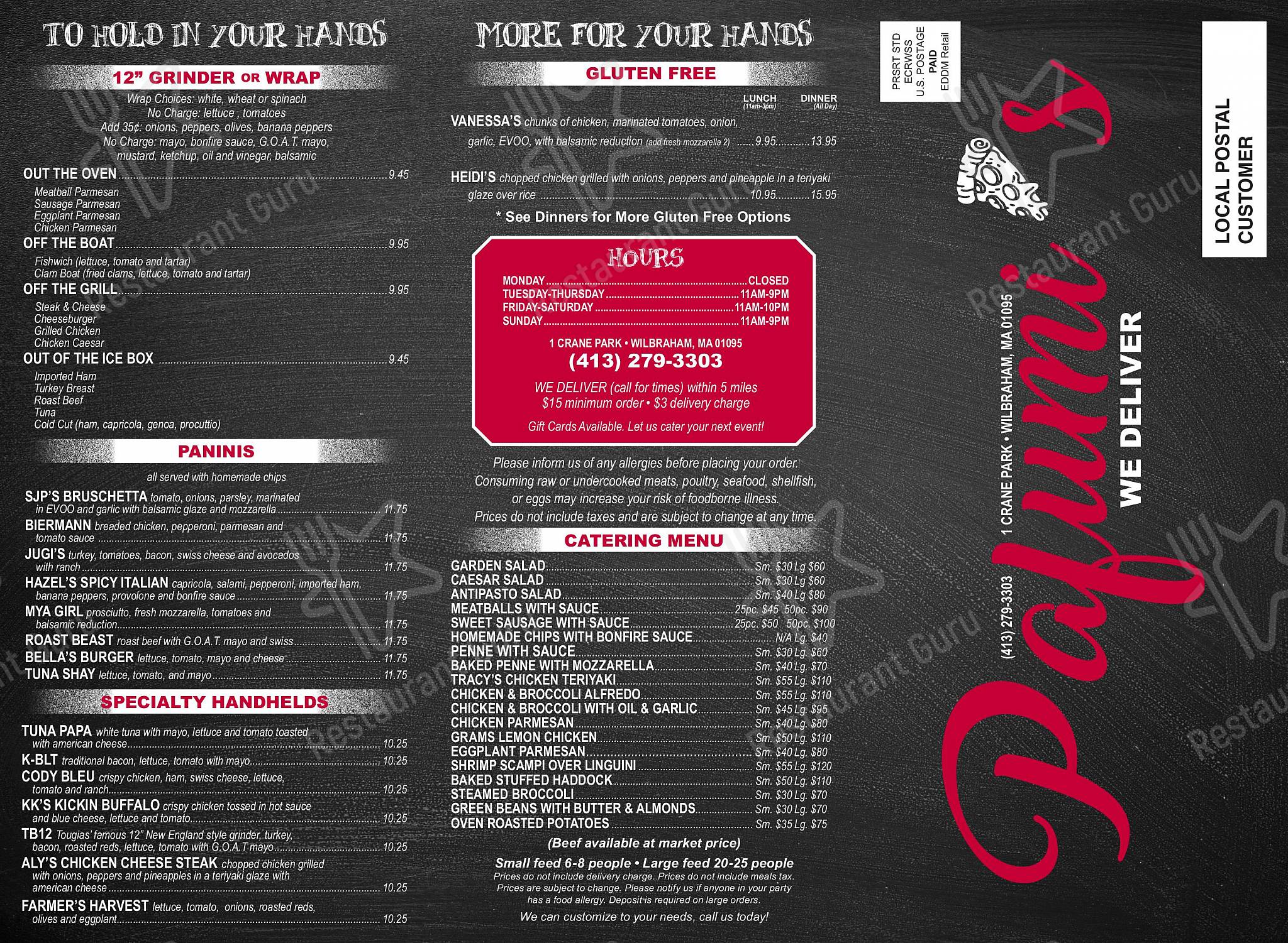 Menu at Pafumi's on main pizzeria, Wilbraham