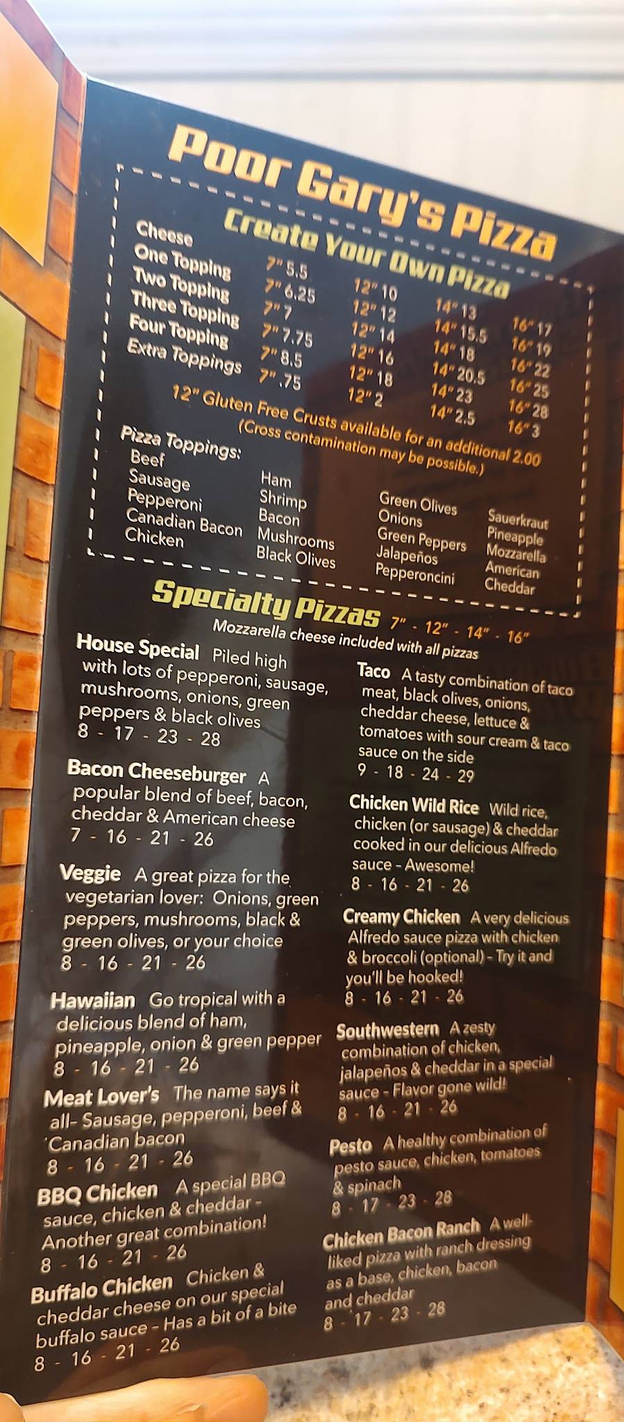 Menu at Poor Gary's Pizza pizzeria, Moose Lake