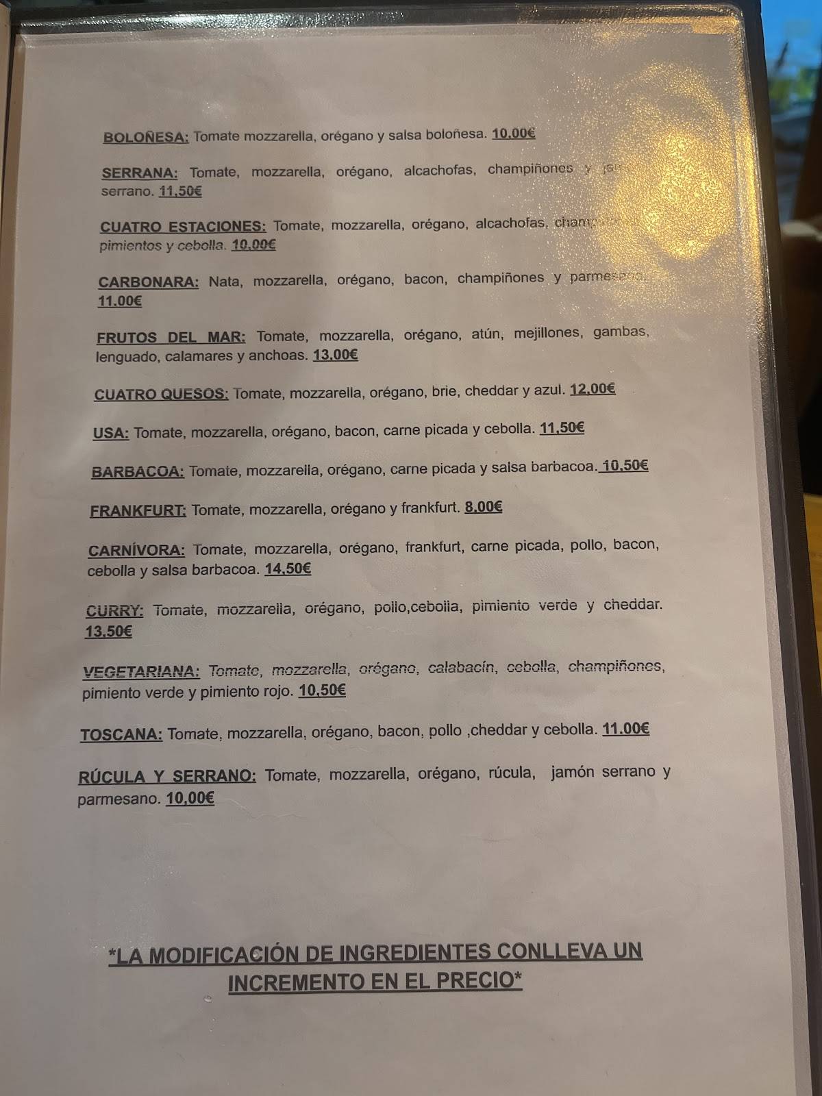 Carta de Pizzería Sam, Alcocéber