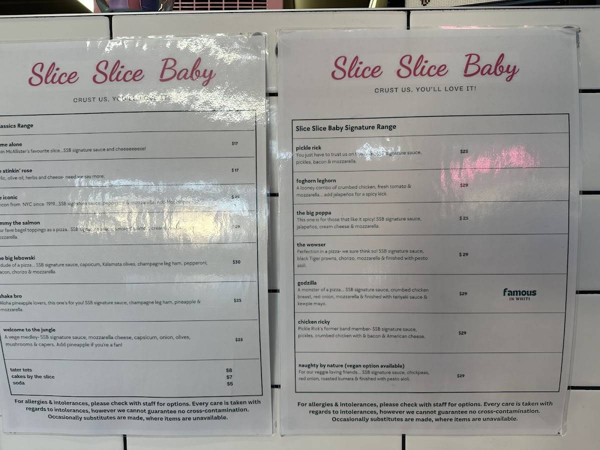 Menu at Slice Slice Baby pizzeria, Whitianga