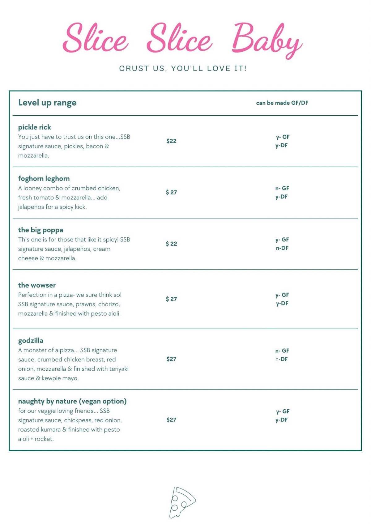 Menu at Slice Slice Baby pizzeria, Whitianga