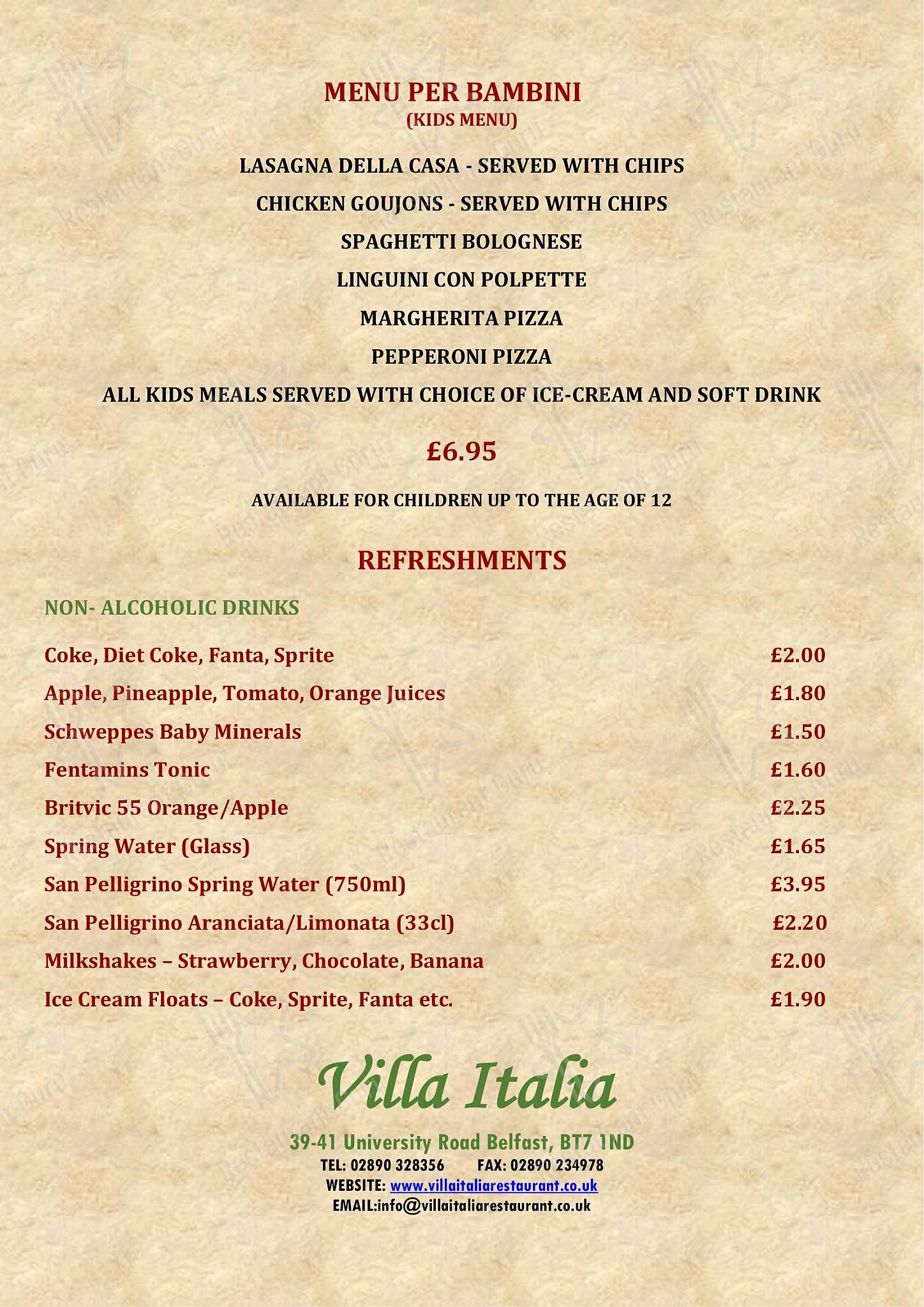 Menu at Villa Italia pizzeria, Belfast