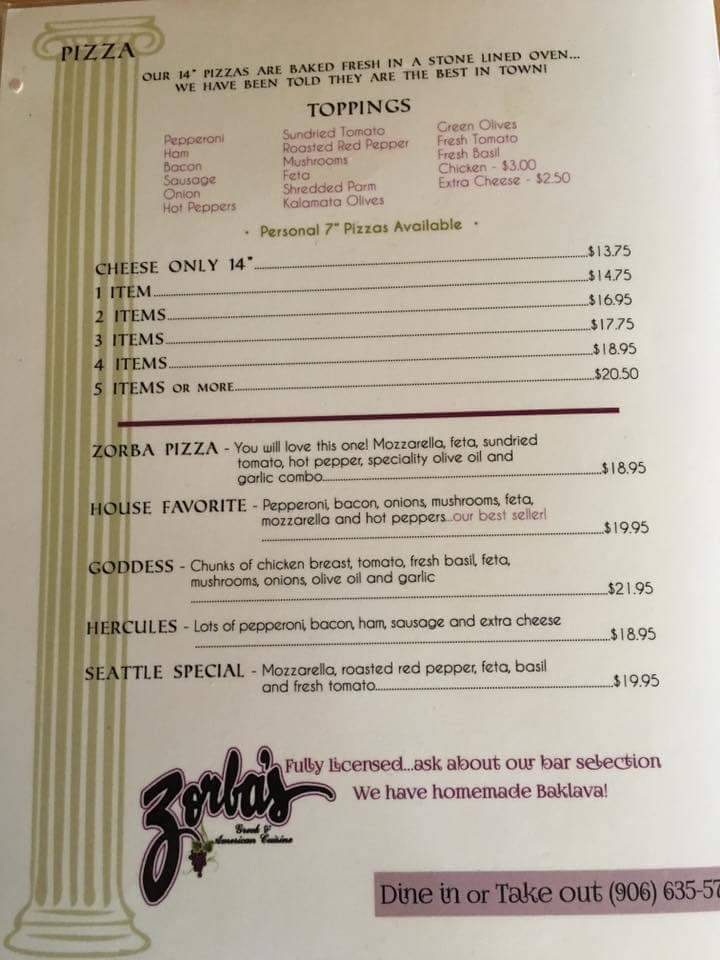Menu at Zorba’s restaurant, Sault Ste. Marie