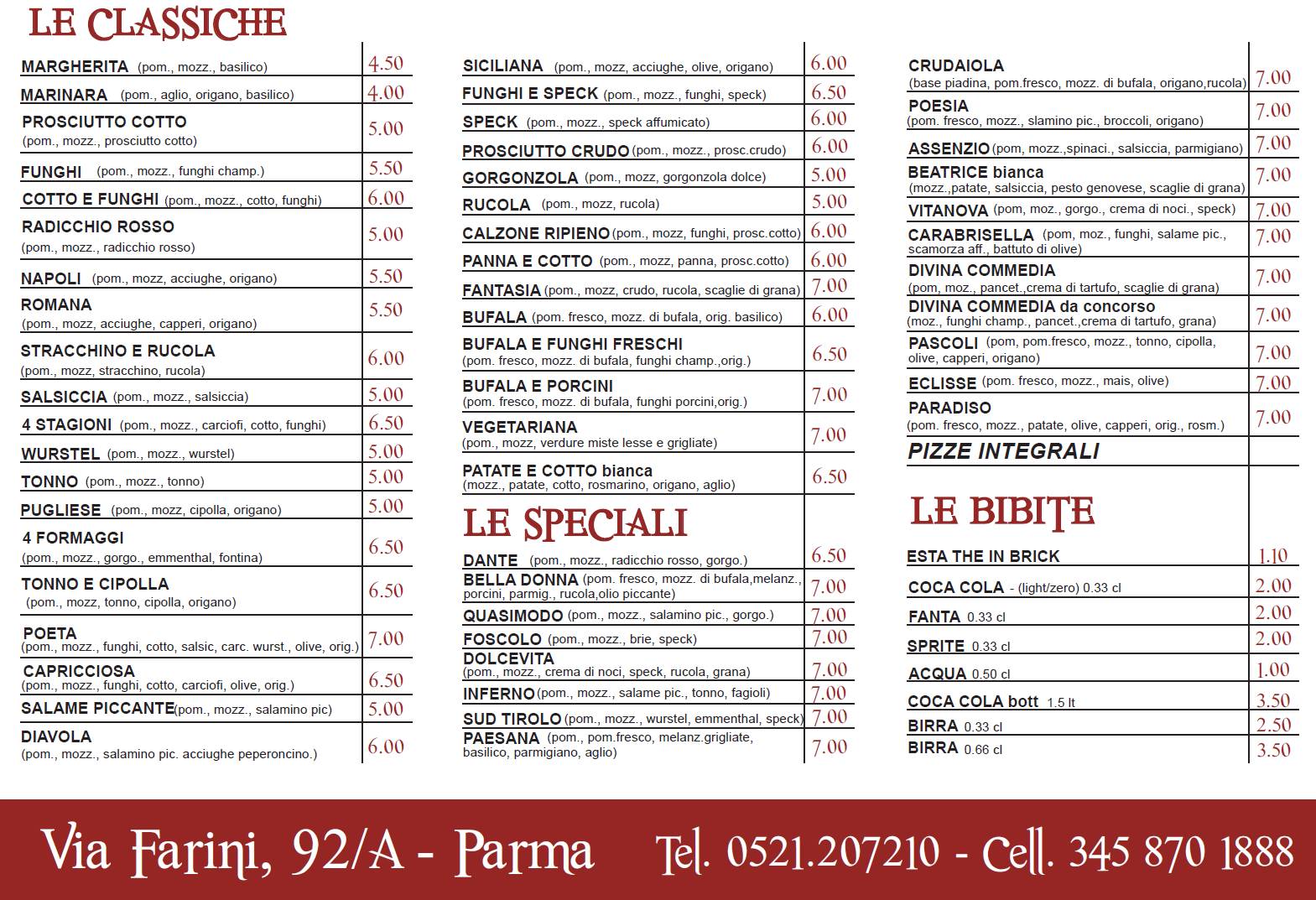 Menu au Pizzeria pucceria la divina Parma, Parme