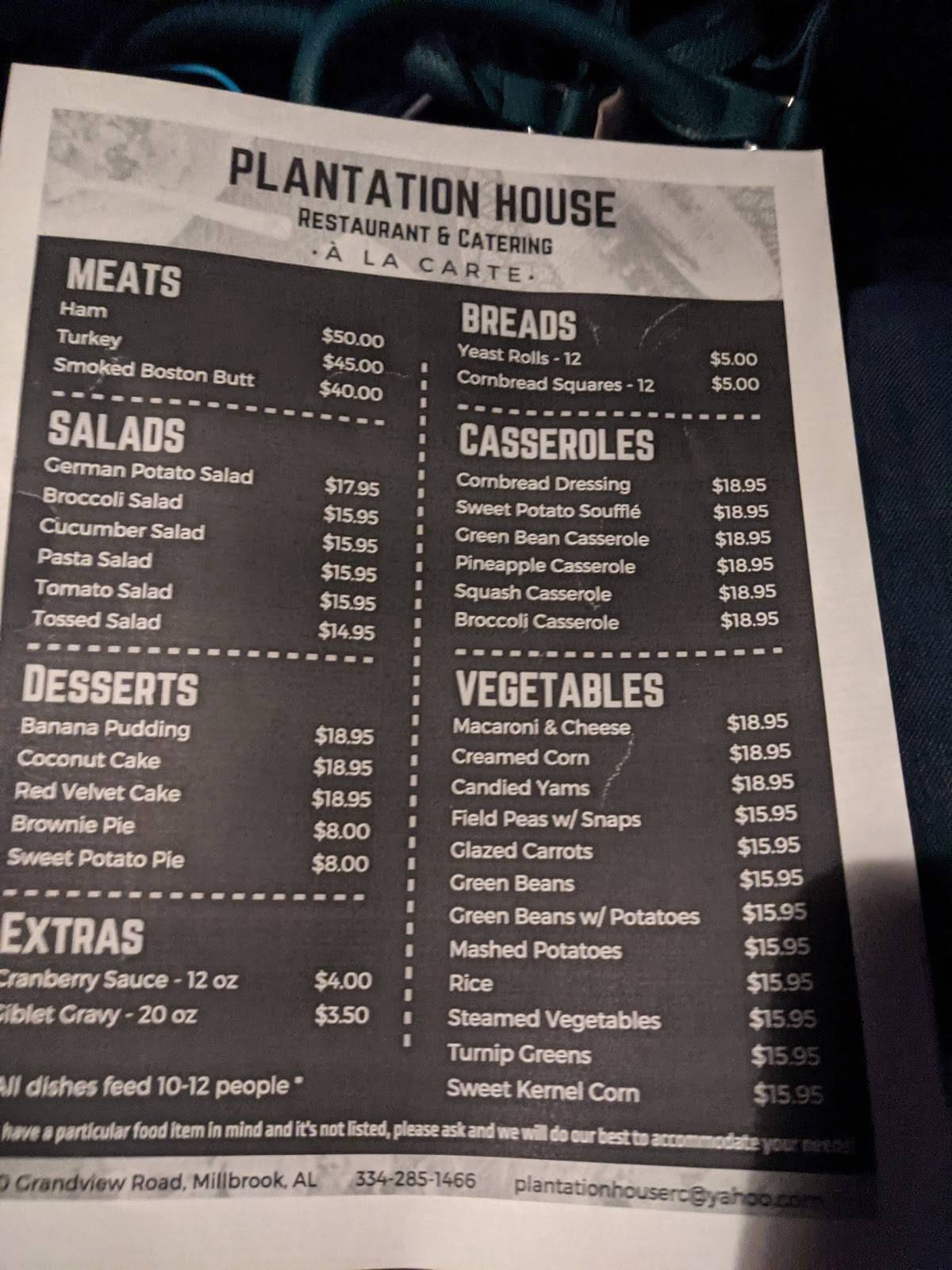 Menu at Plantation House Restaurant and Catering, Millbrook