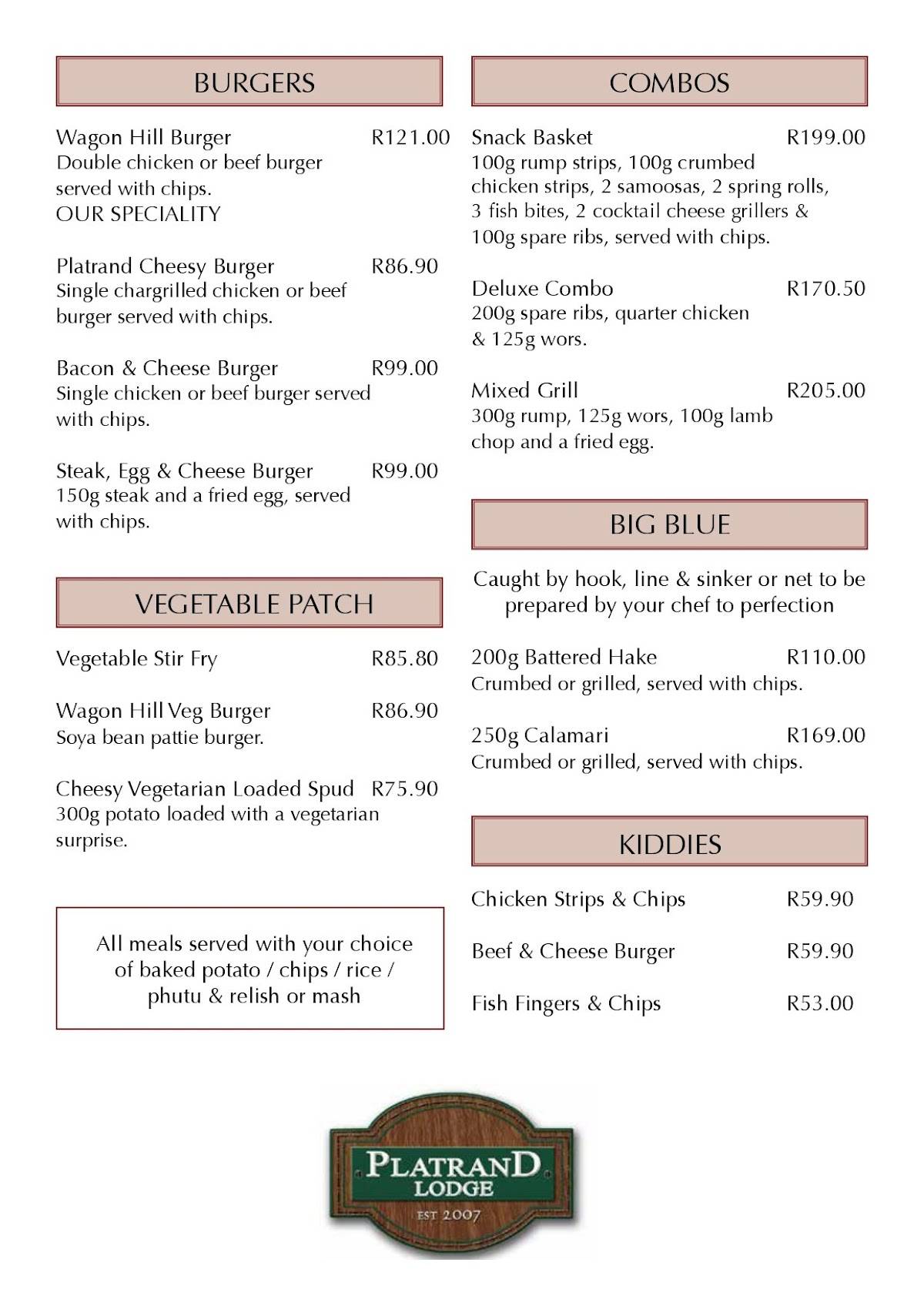 Menu at Platrand Lodge restaurant, Ladysmith