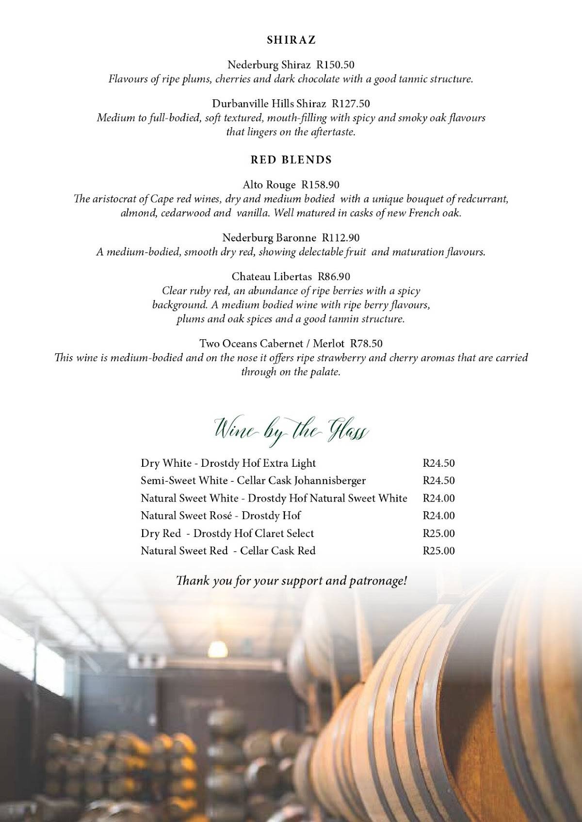Menu at Platrand Lodge restaurant, Ladysmith