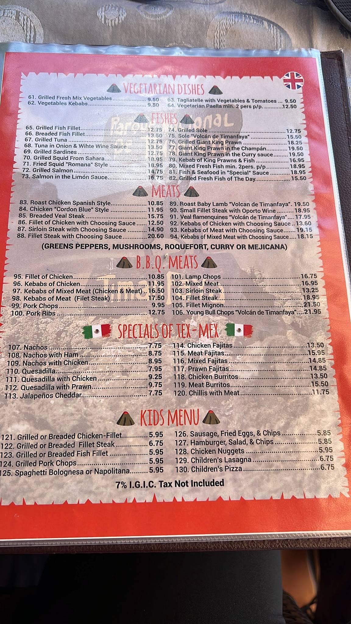 Menu at Restaurante Grill Volcan De Timanfaya, Playa Blanca