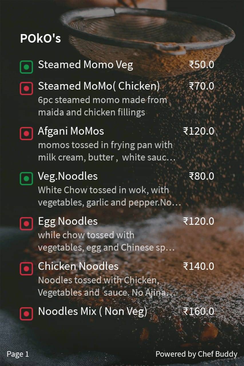 Menu at PoKo's, Ranchi