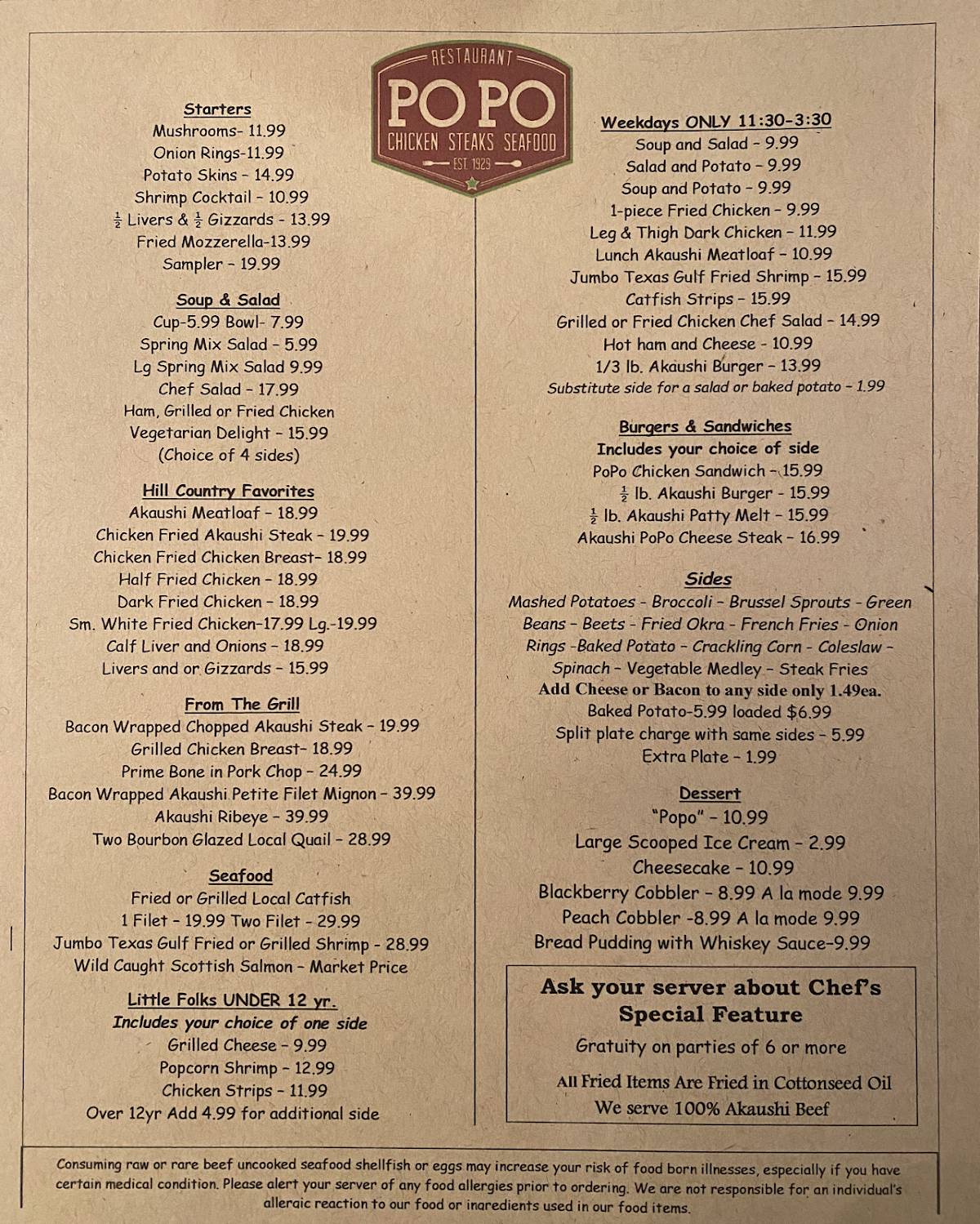 Menu at PoPo Family Restaurant, Boerne
