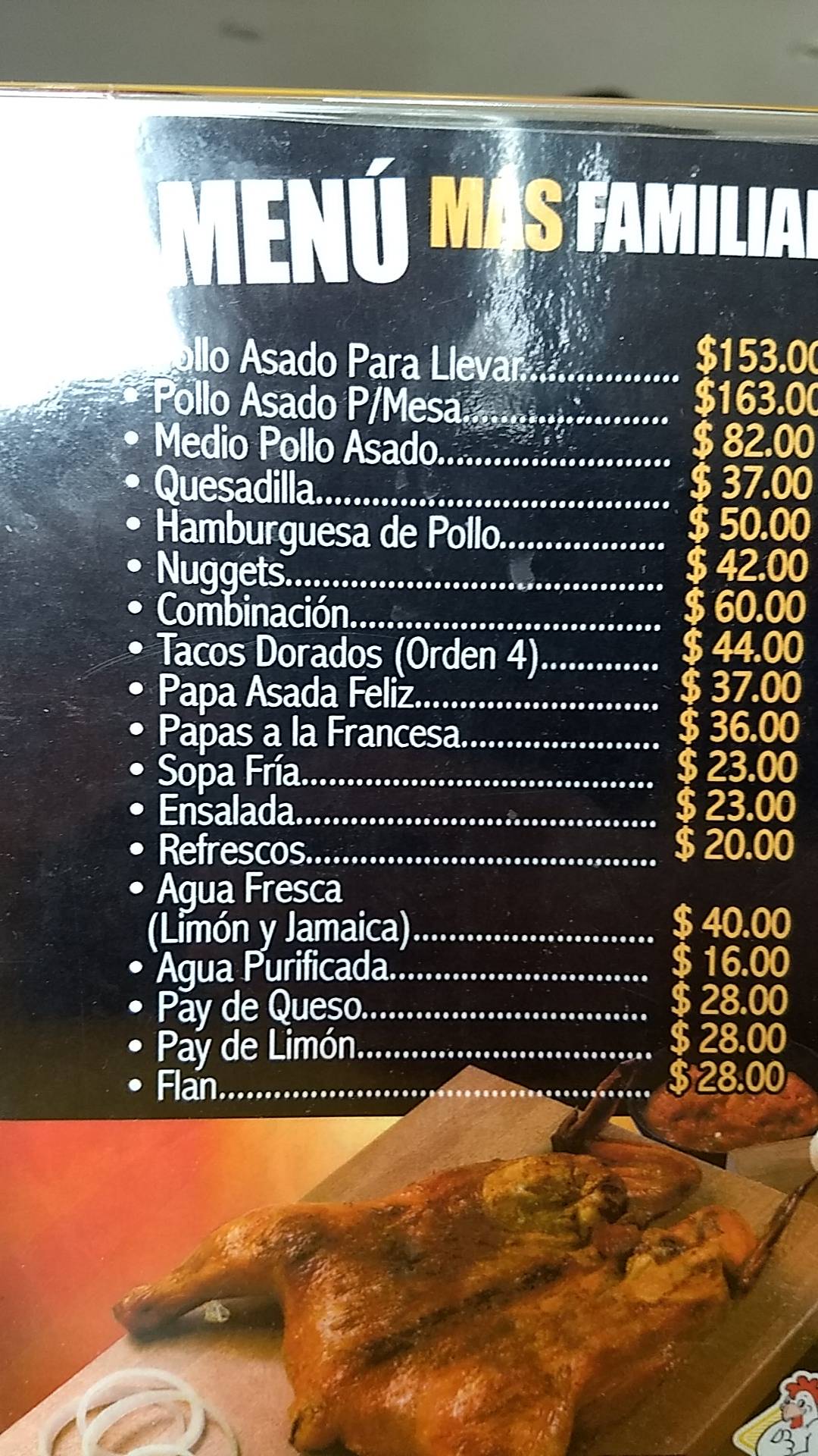 Carta del restaurante Pollo Feliz, Nuevo Laredo
