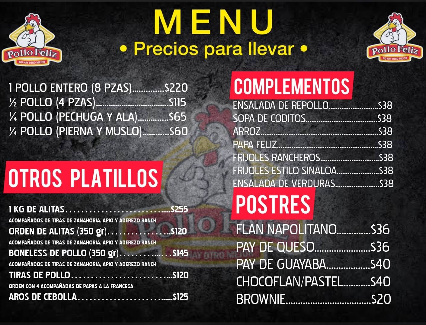 Carta del restaurante Pollo Feliz, Sabinas, Revolución 155