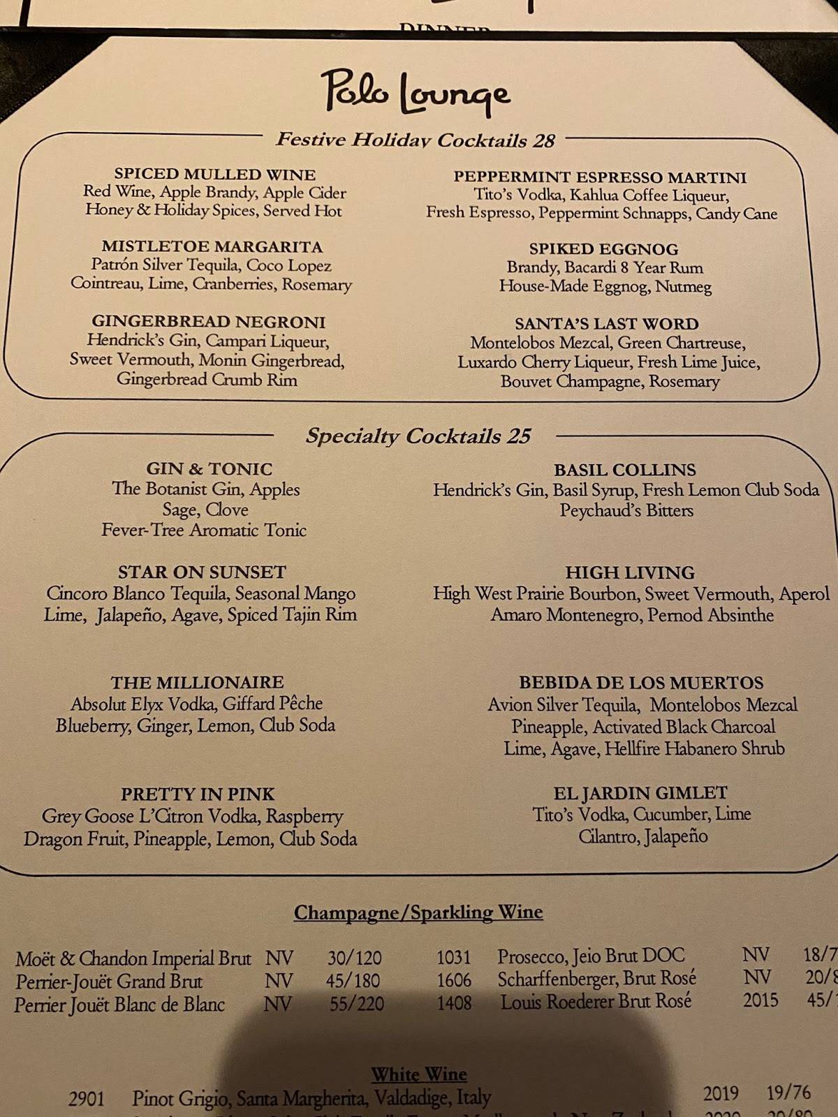 Menu at Polo Lounge restaurant, Beverly Hills