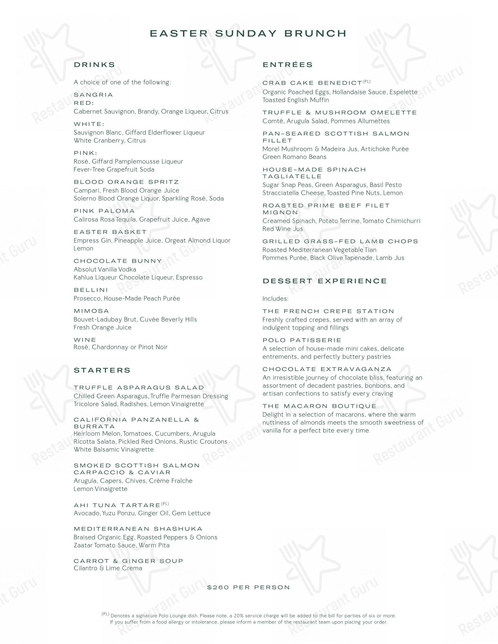 Menu at Polo Lounge restaurant, Beverly Hills