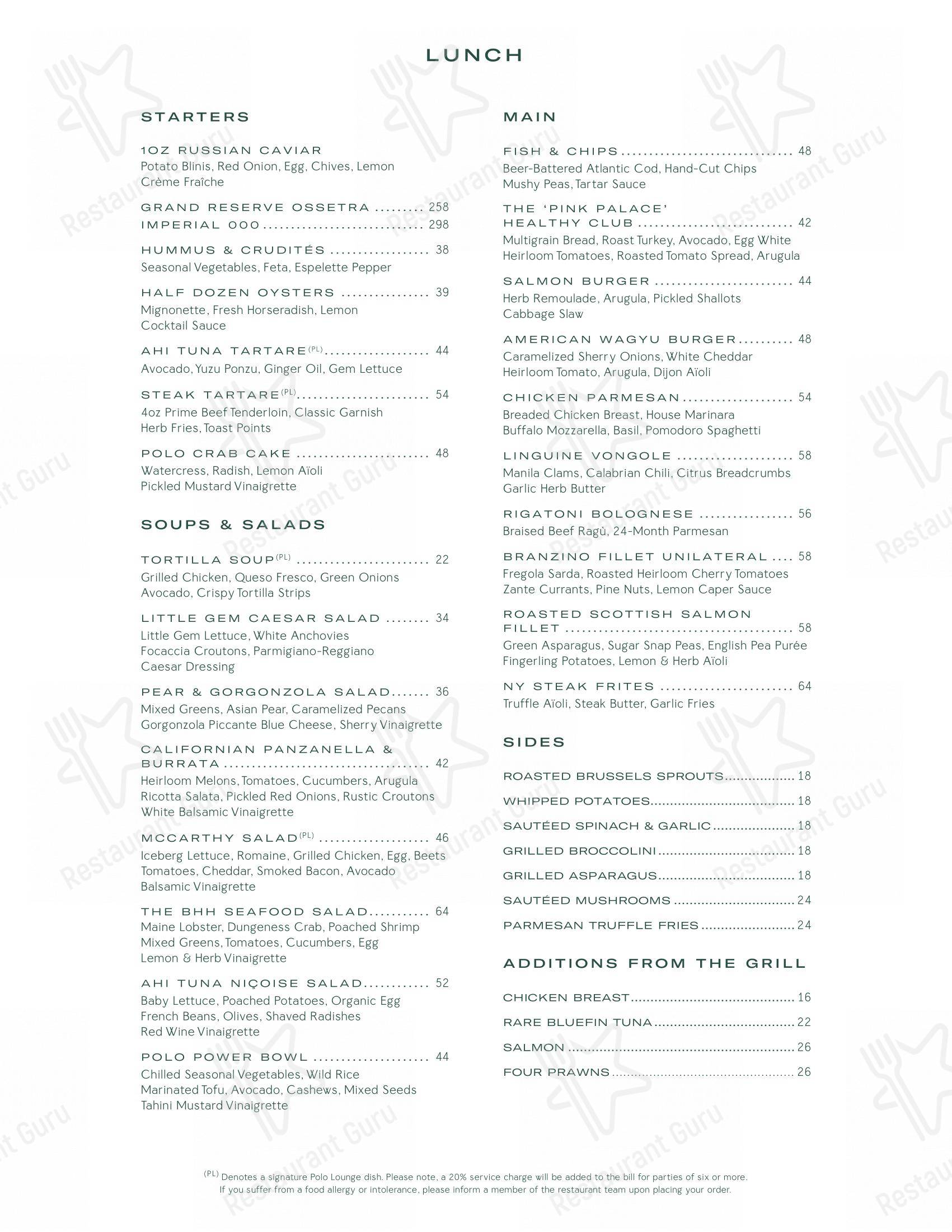 Menu at Polo Lounge restaurant, Beverly Hills