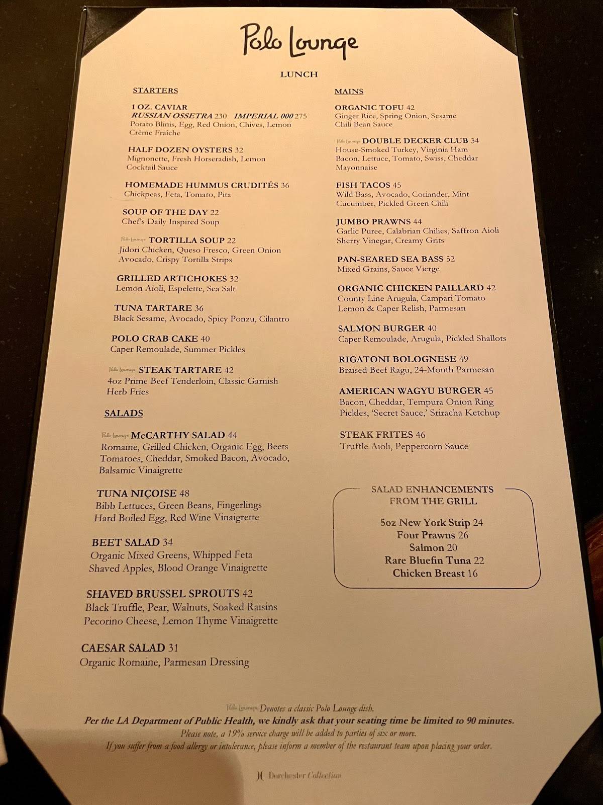 Menu at Polo Lounge restaurant, Beverly Hills