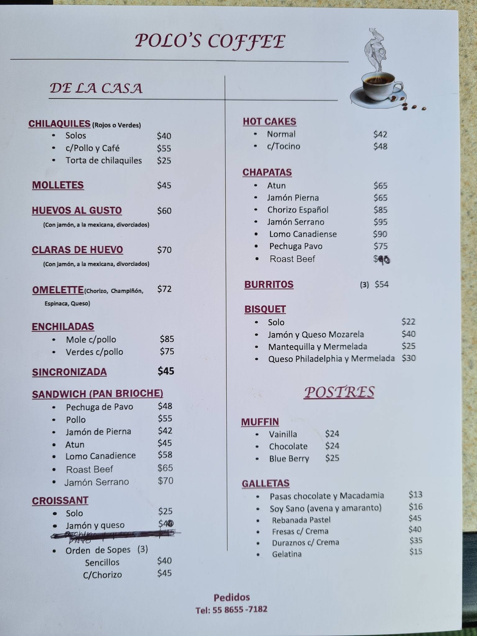 Carta del café Polo's Coffee, Ciudad del México