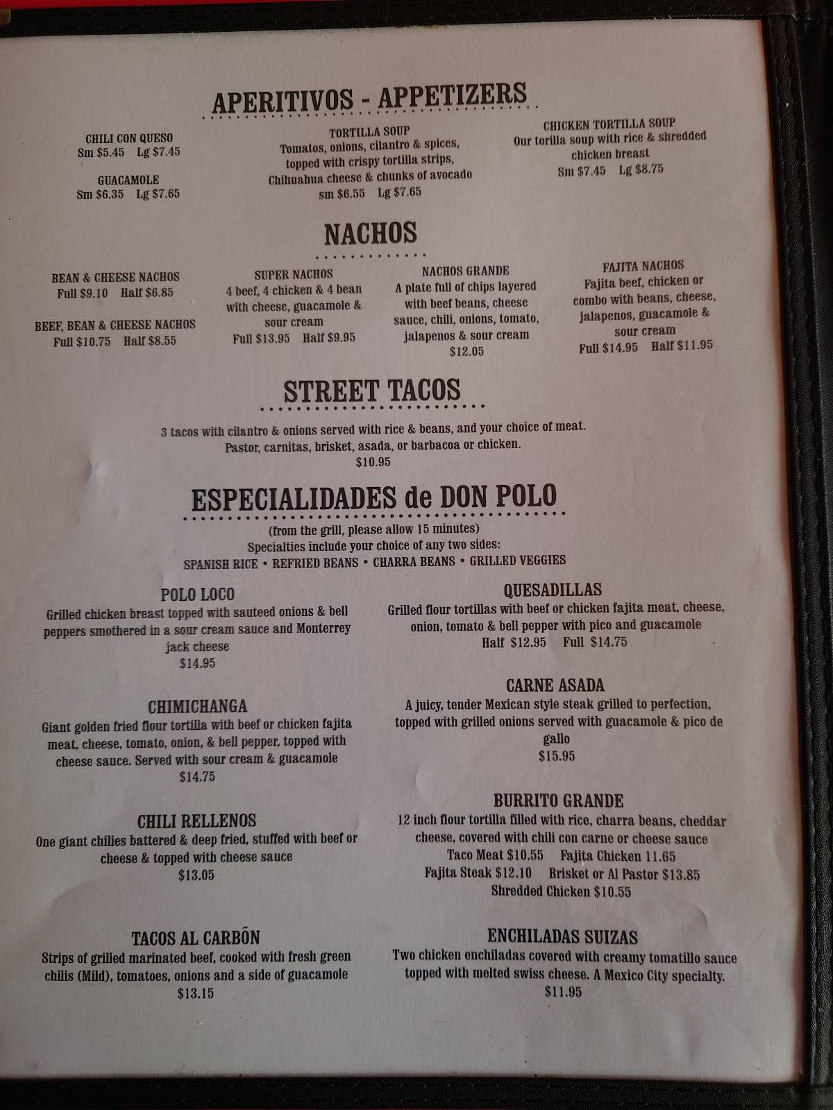 Menu at Polo's Mexican Cafe, Weatherford, Fort Worth Hwy