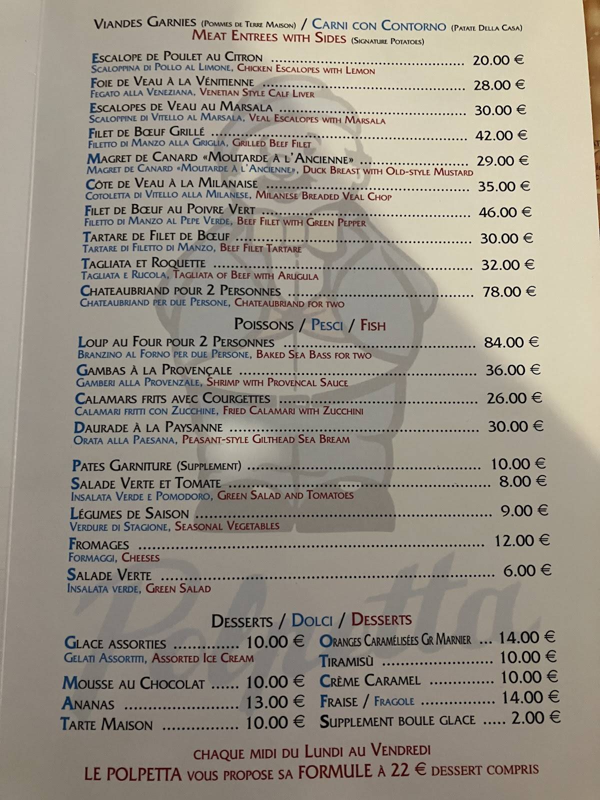 Menu at Polpetta restaurant, Monaco-Ville, 2 Rue Paradis