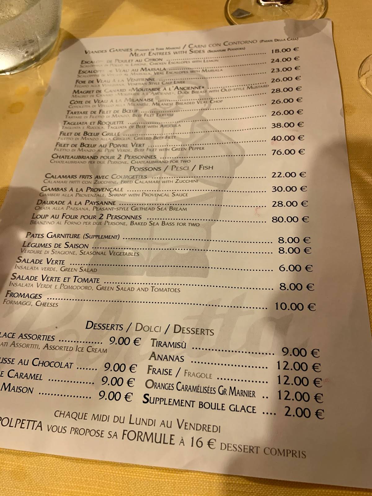 Menu at Polpetta restaurant, Monaco-Ville, 2 Rue Paradis