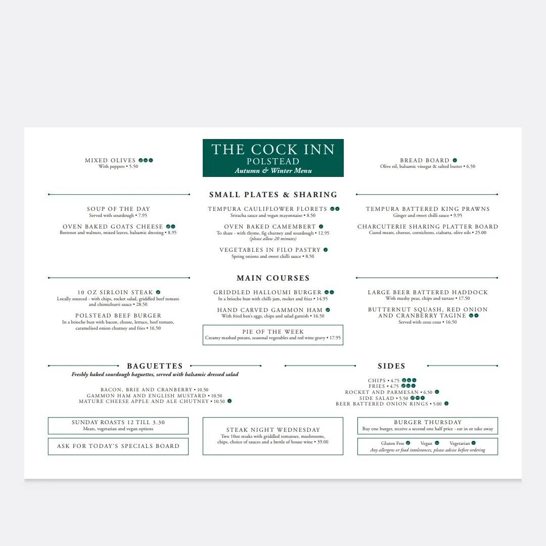 Menu at Cock Inn Polstead pub & bar, Polstead
