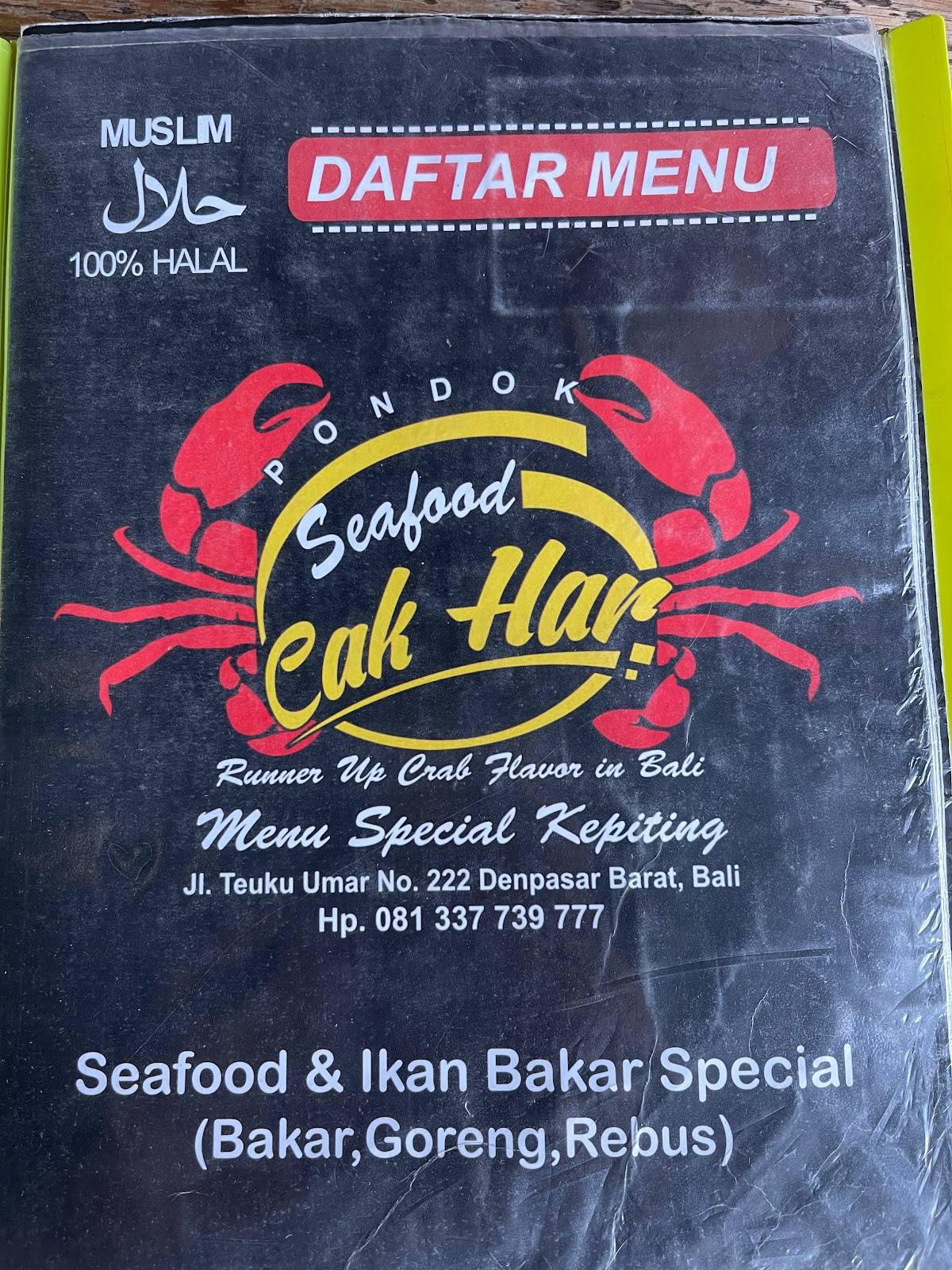 Menu at Pondok Seafood Cak Har restaurant, Denpasar