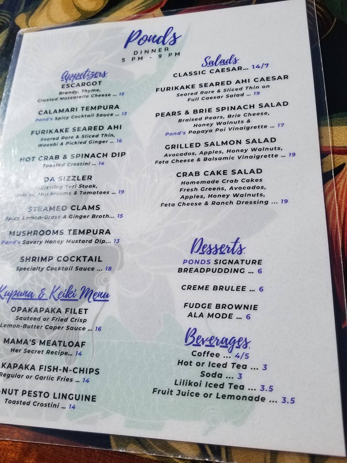 Menu at Ponds Hilo restaurant, Hilo