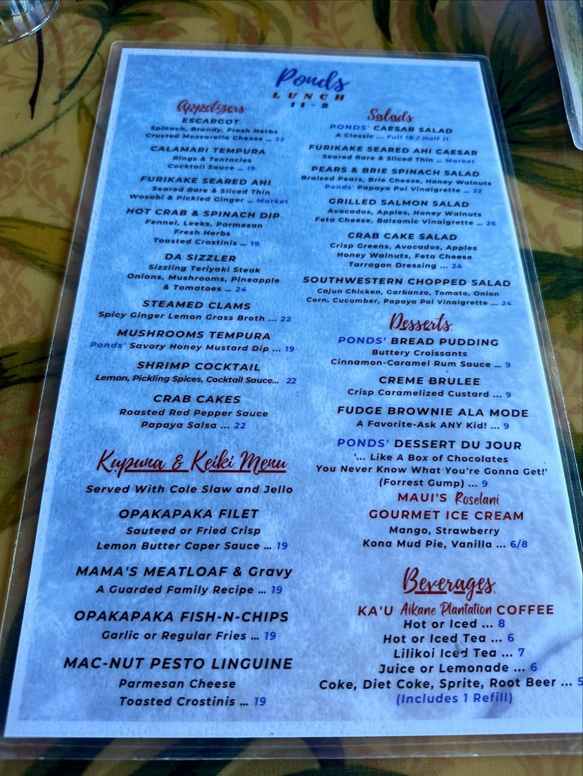Menu at Ponds Hilo restaurant, Hilo