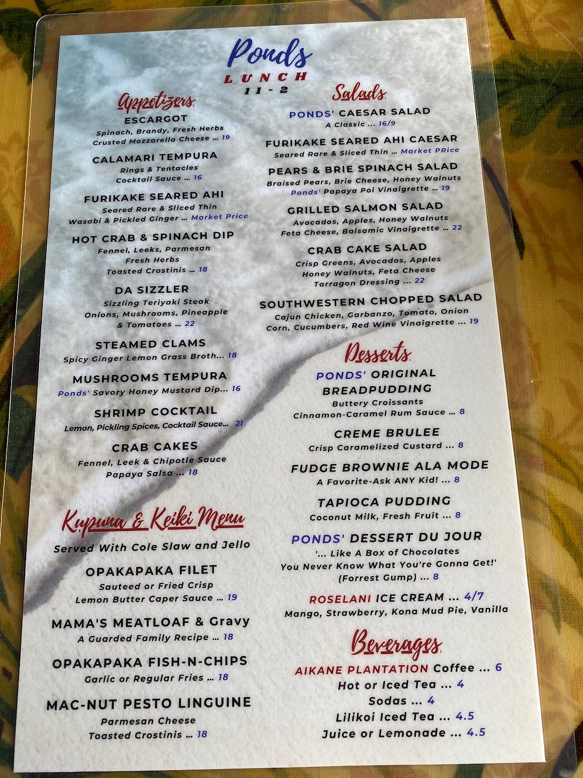 Menu at Ponds Hilo restaurant, Hilo