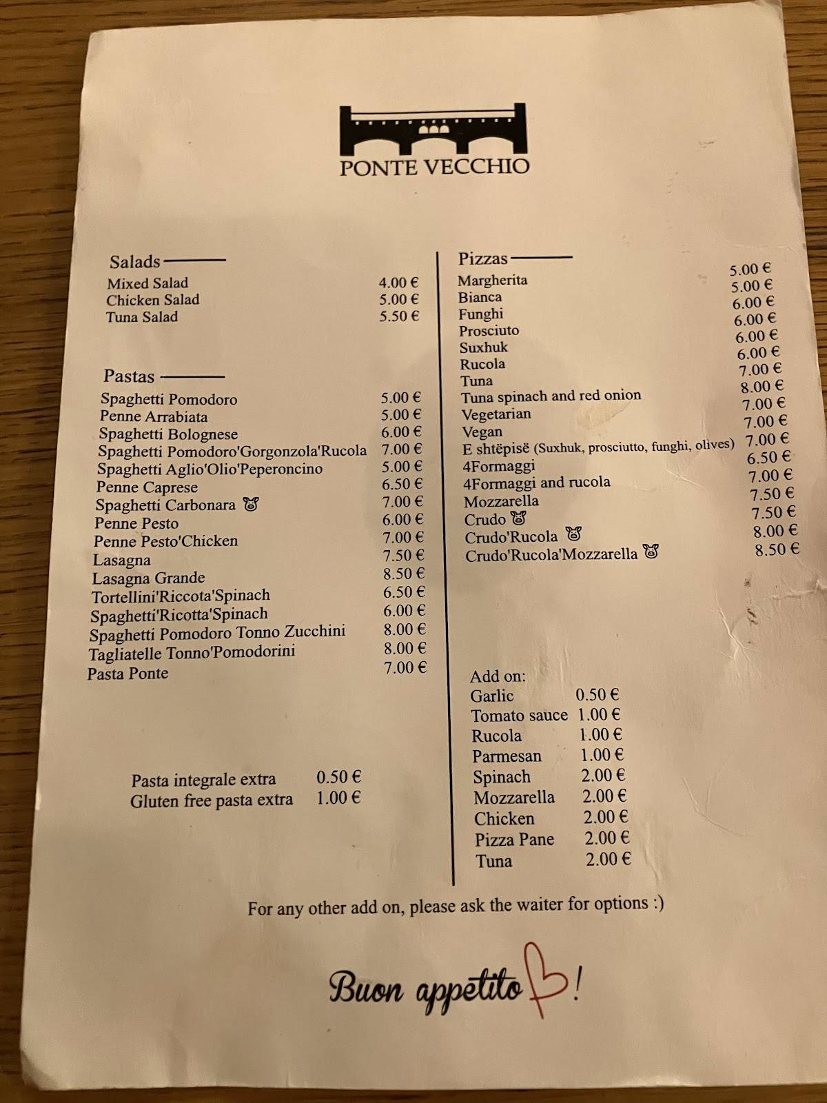 Menu at Ponte Vecchio restaurant, Prishtina, Fehmi Agani