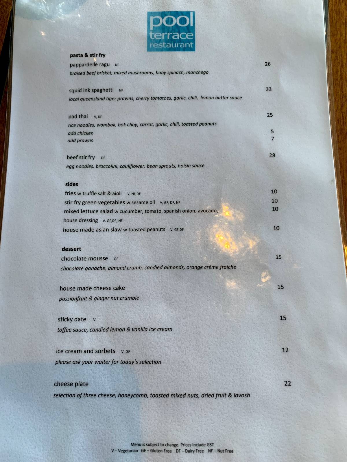 Menu at Pool Terrace Restaurant, Hamilton Island