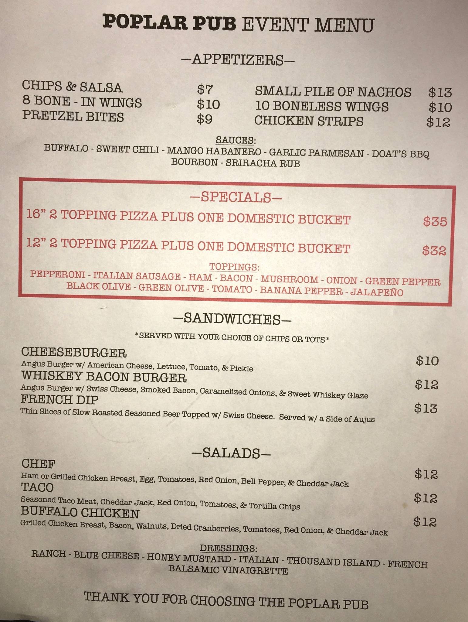 Menu at Poplar Pub, Terre Haute