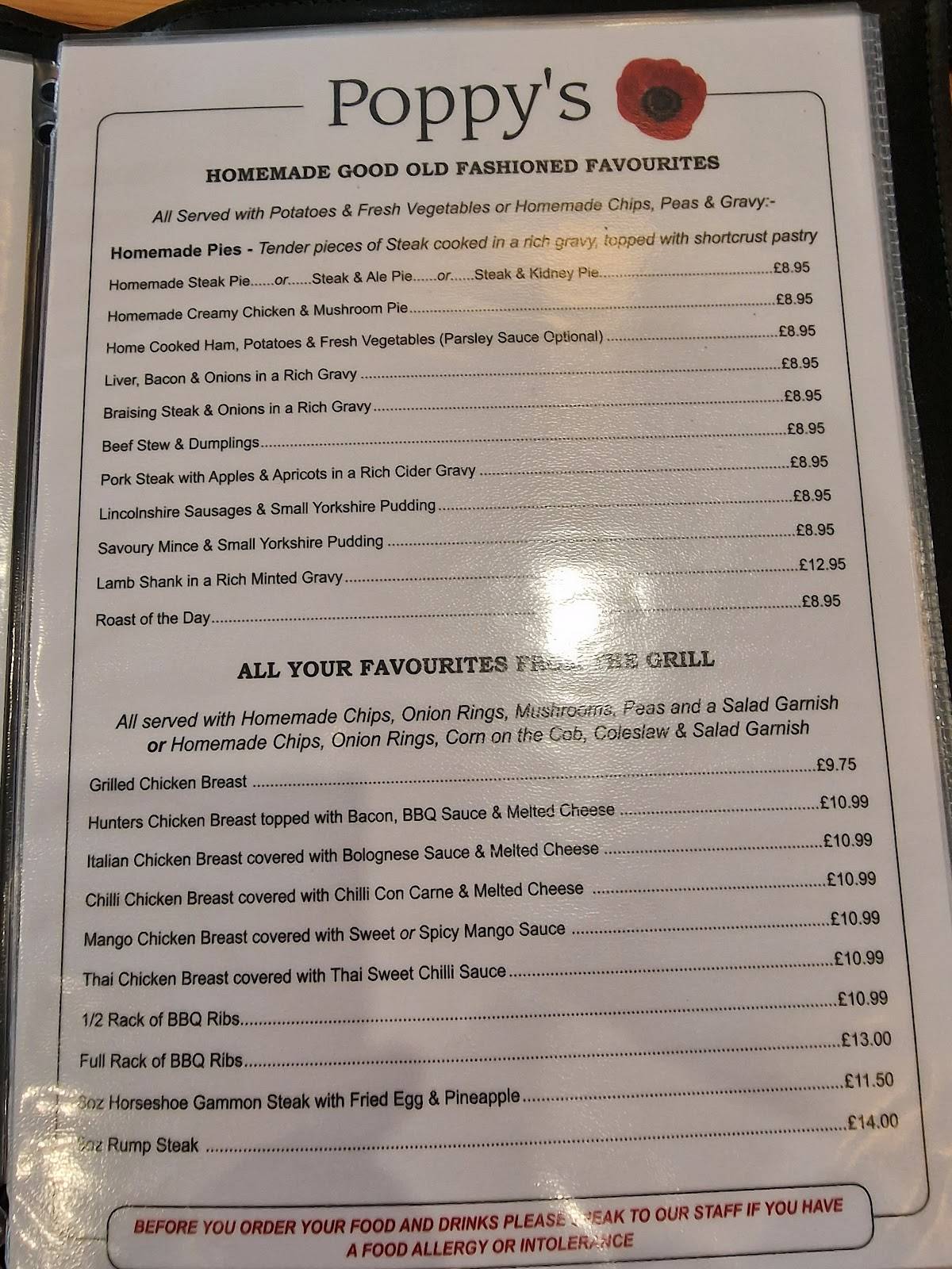 Menu at Poppy's Restaurant, Skegness