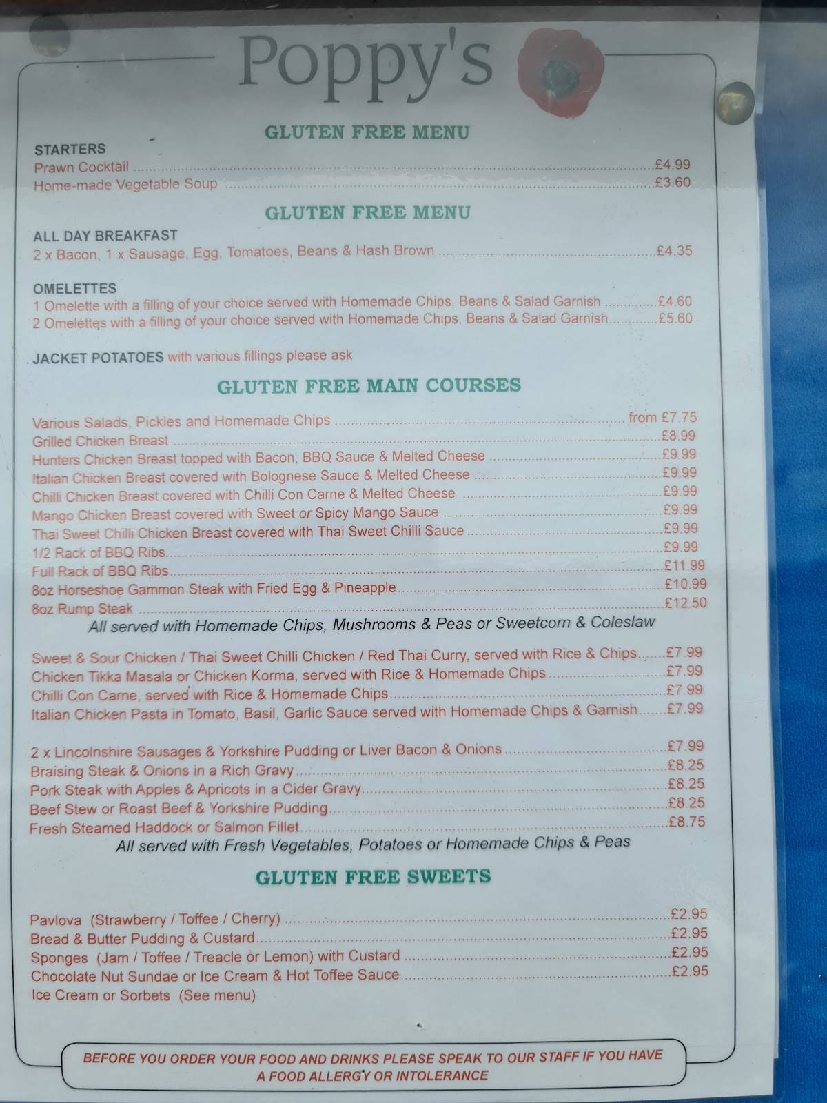 Menu at Poppy's Restaurant, Skegness