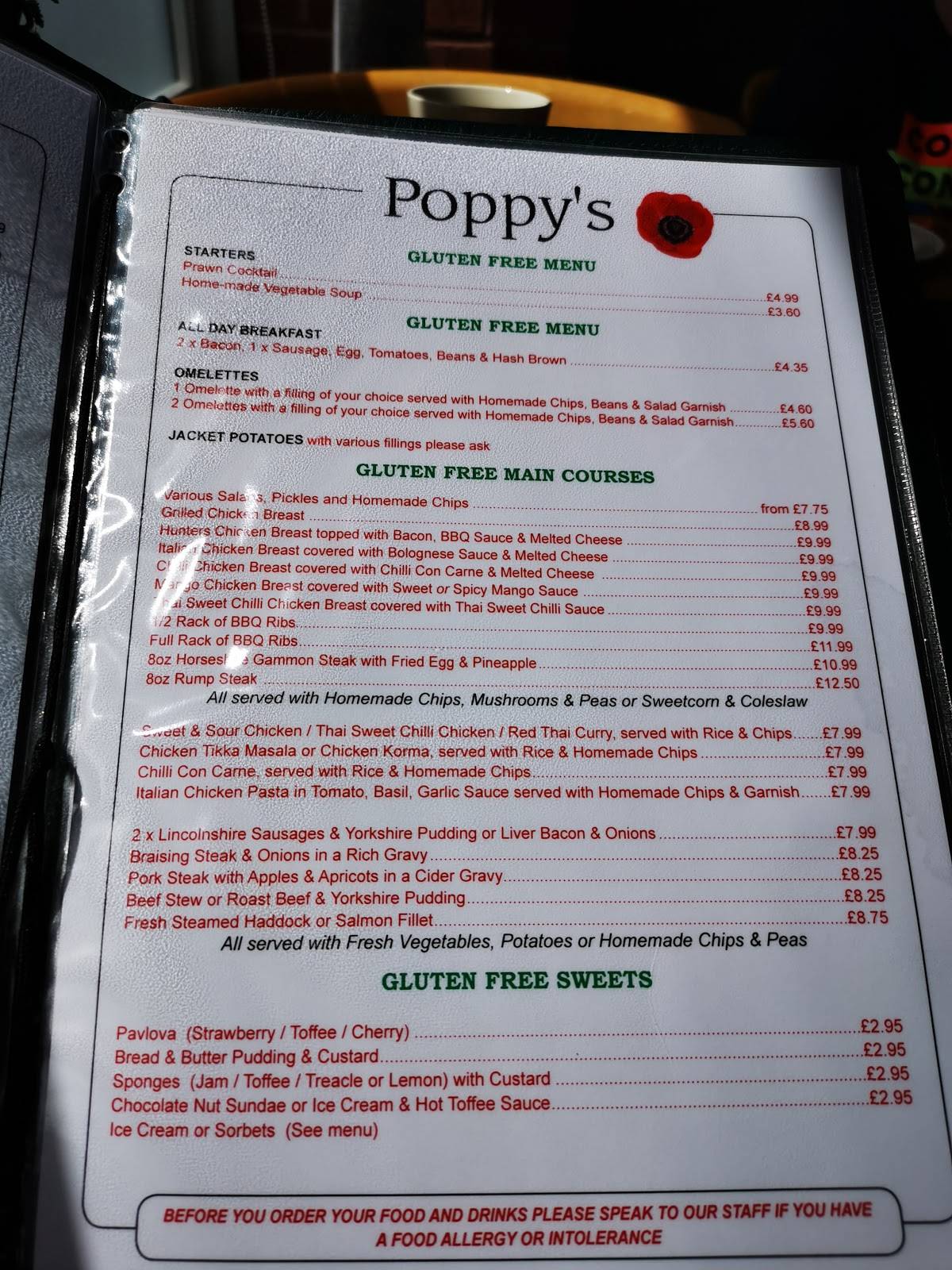 Menu at Poppy's Restaurant, Skegness